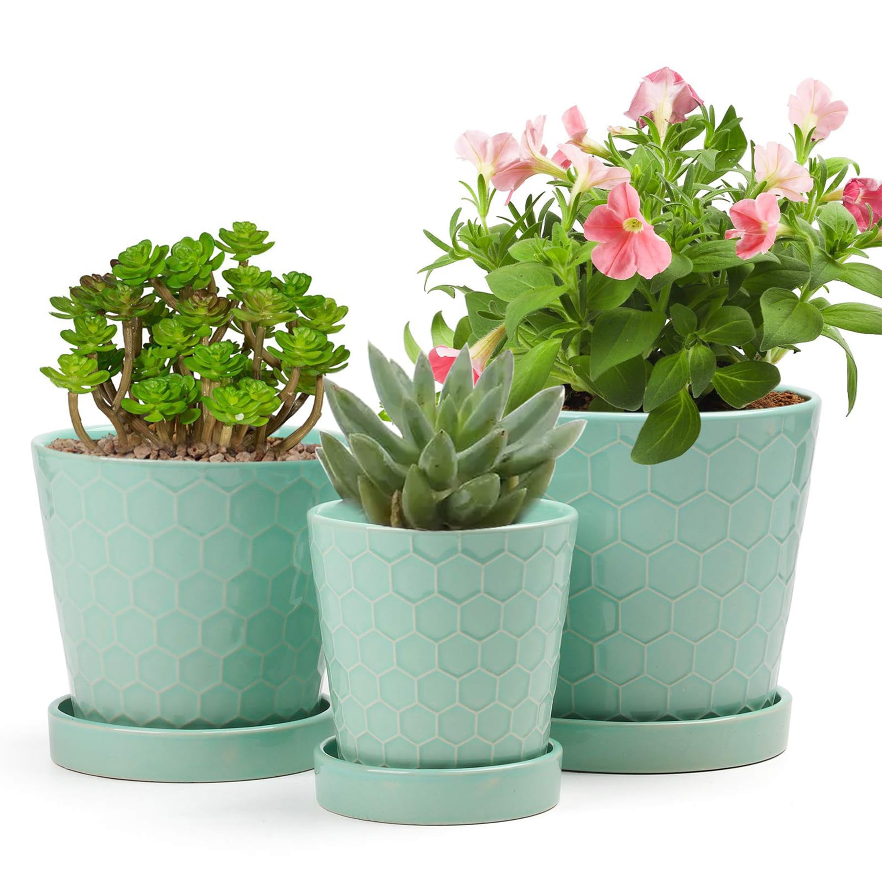 BUYMAX Ceramic Plant Pots Set of 3 - Indoor Flower Pot with Drainage ...