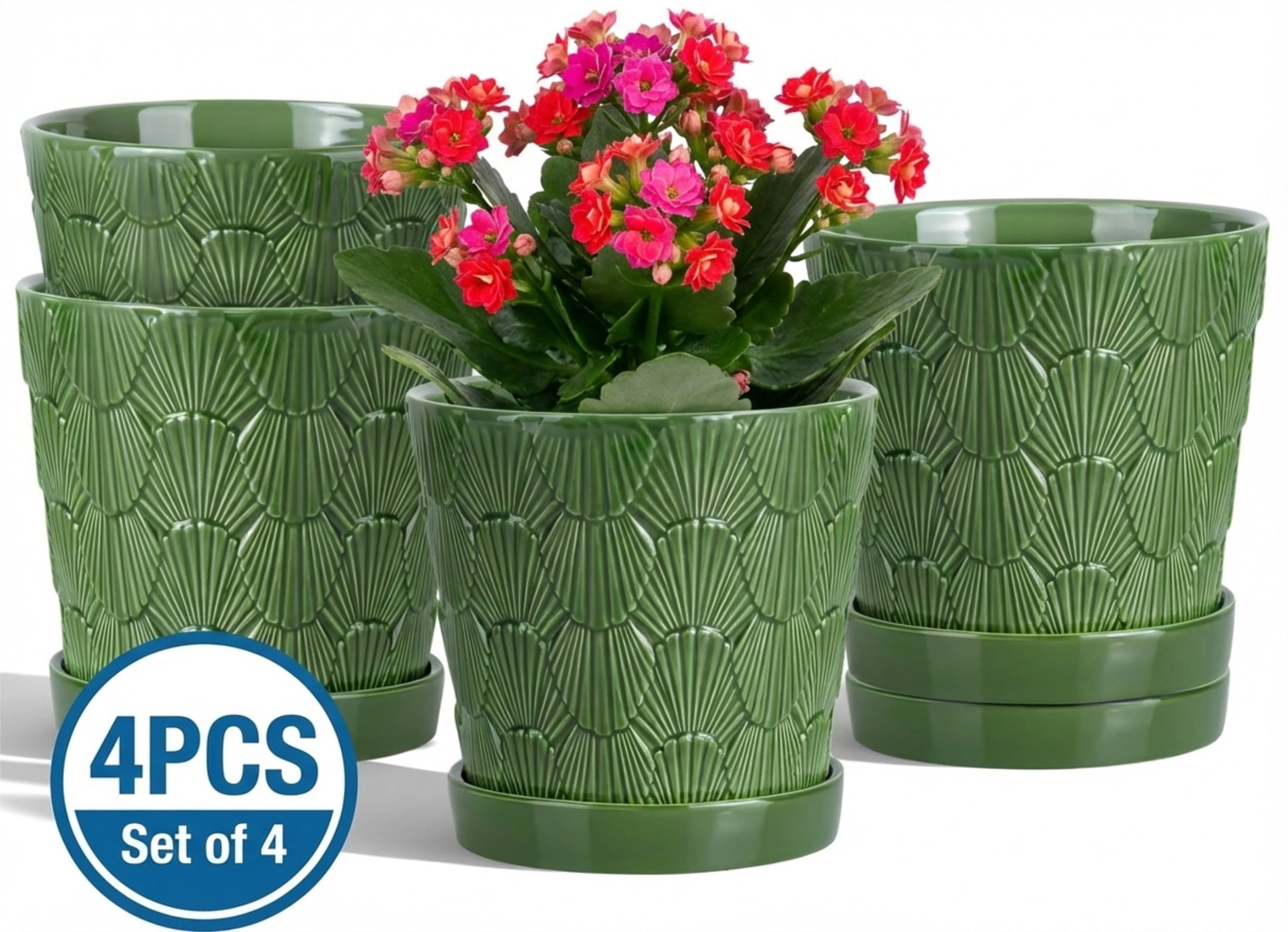 BUYMAX 5 inch Green Ceramic Flower Pots with Scallop Shell Pattern, Set ...