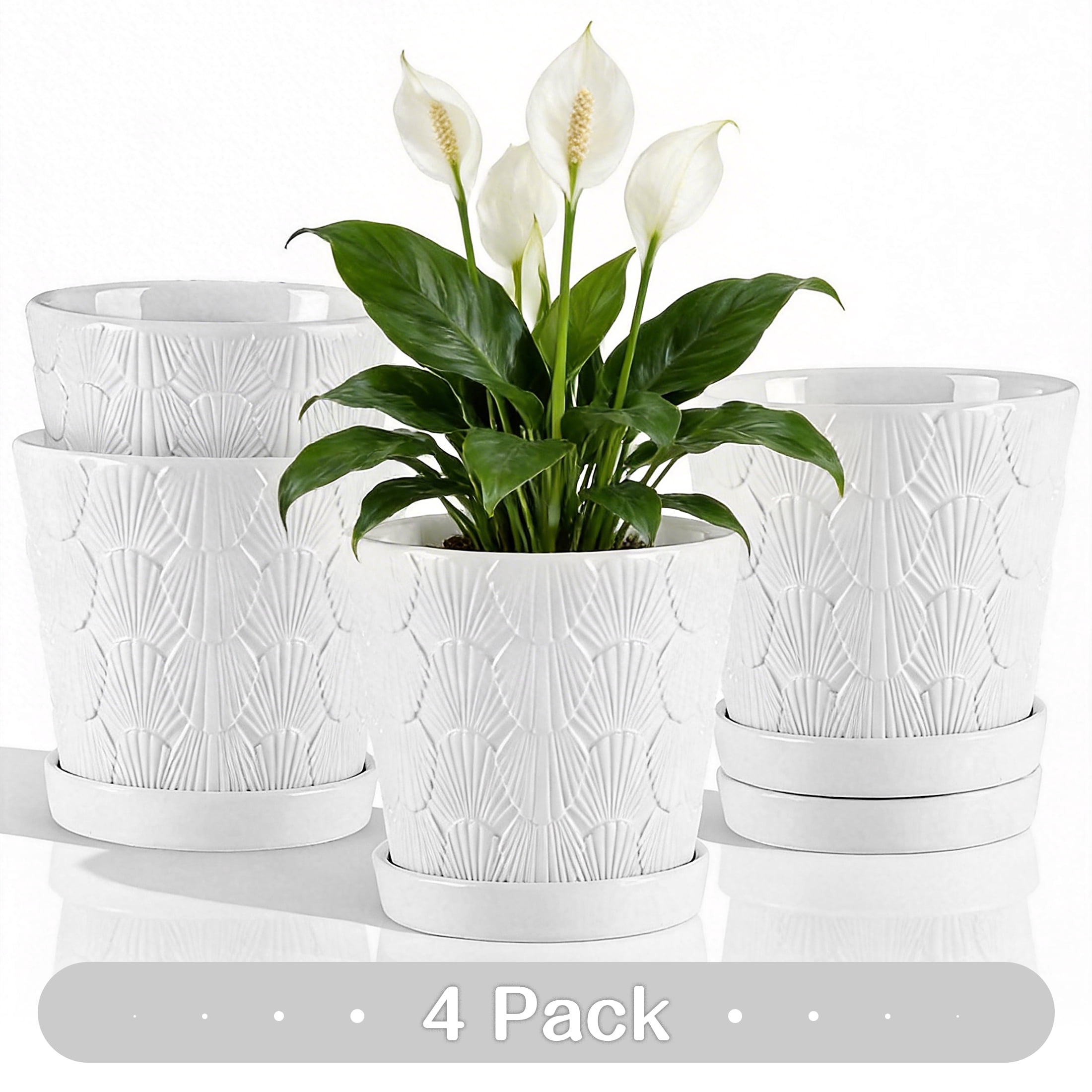 BUYMAX Shell-Embossed 5" Ceramic Plant Pots with Drainage, White Indoor ...