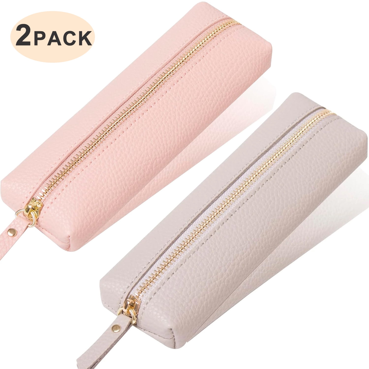 BUYWON Gray PU Leather Pencil Case with Zipper, Simple Office Business ...