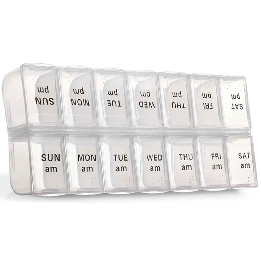 Buywon Weekly Pill Organizer, 14 Compartments Compact Pill Travel Case with Braille Printed, 7 ...