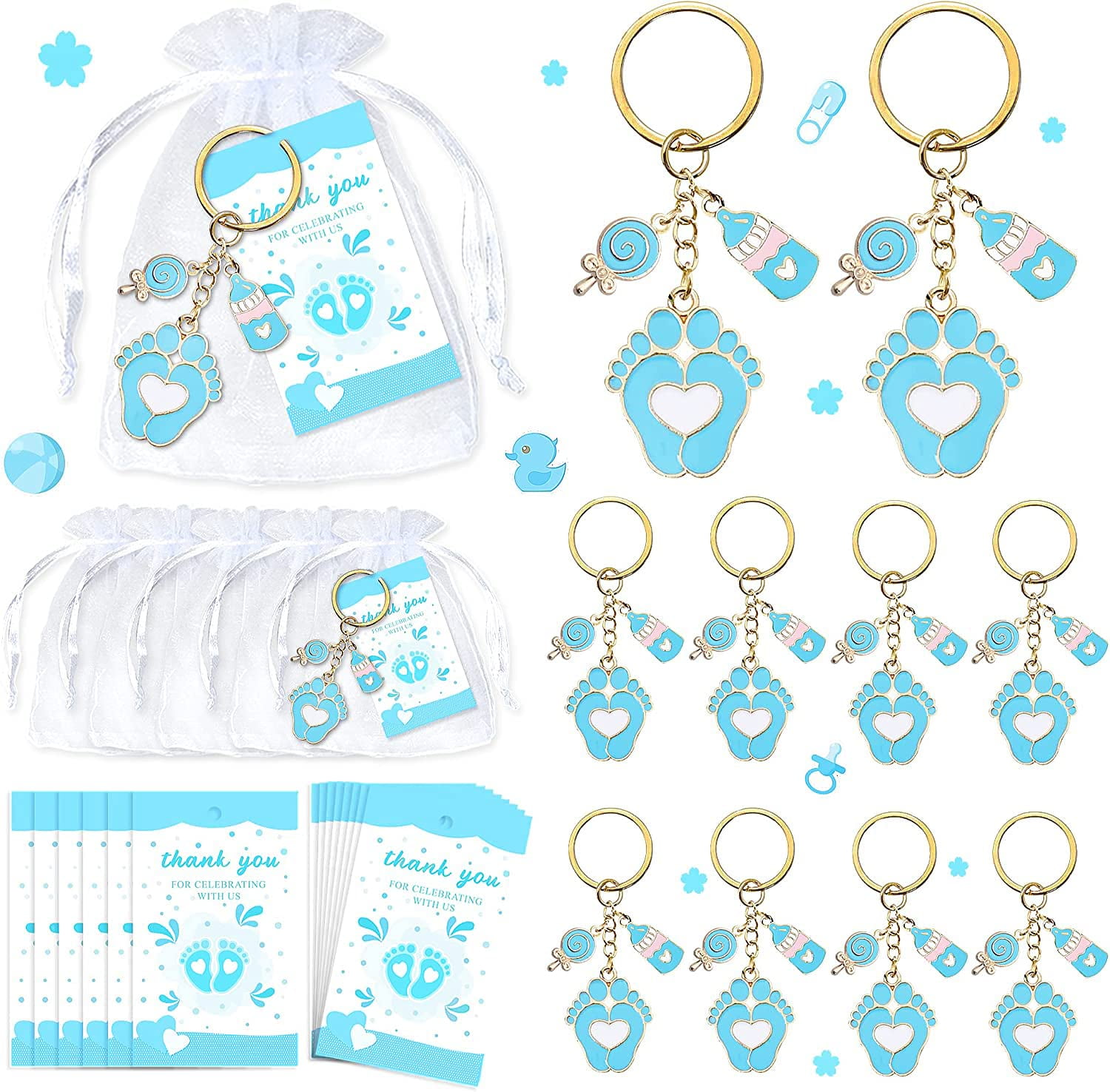 BUYWUMORE 12 Sets Baby Shower Favors Blue Footprint Keychains Gifts ...