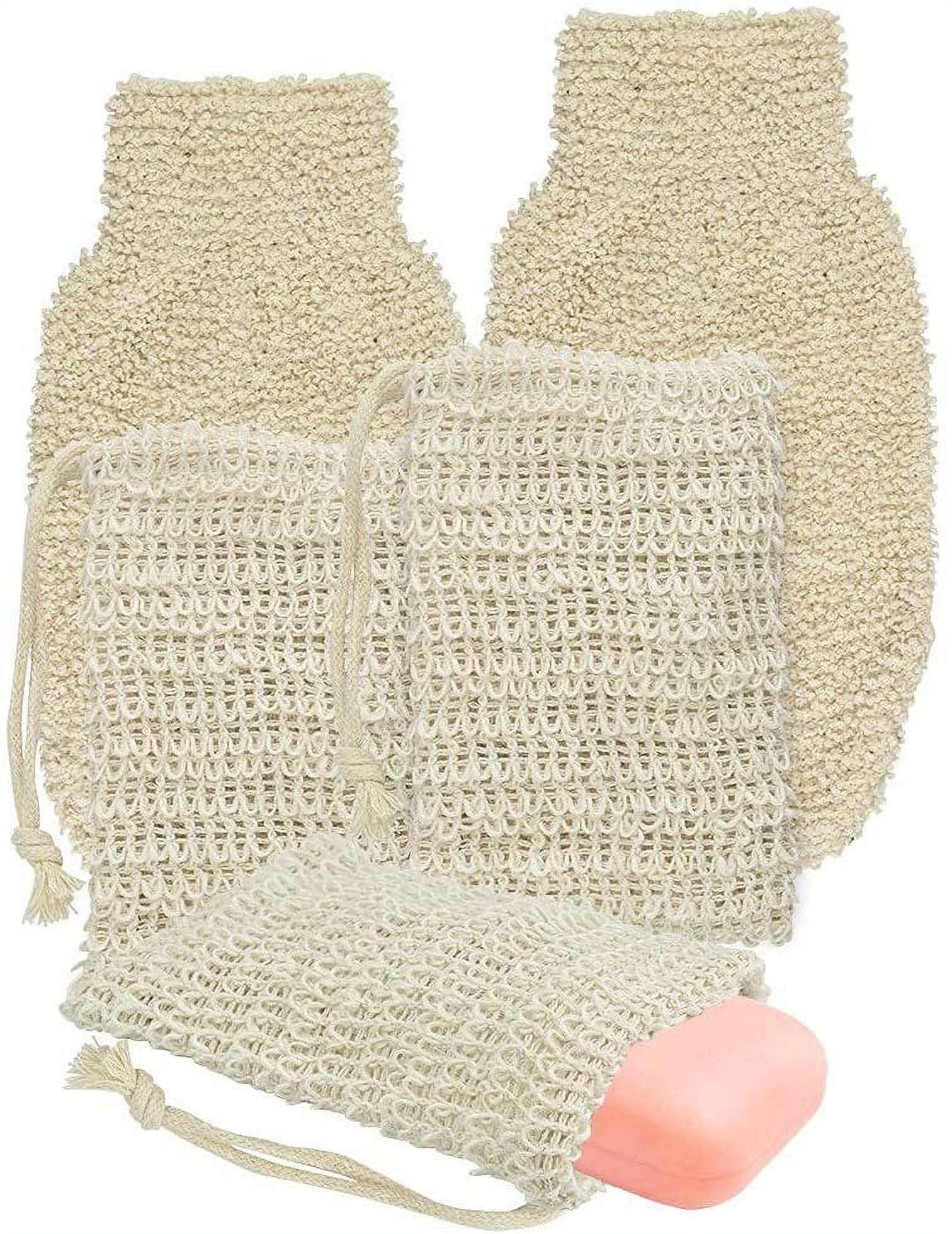 BUZIFU 2 Exfoliating Gloves + 3 pcs Soap Bag with Drawstring Natural ...