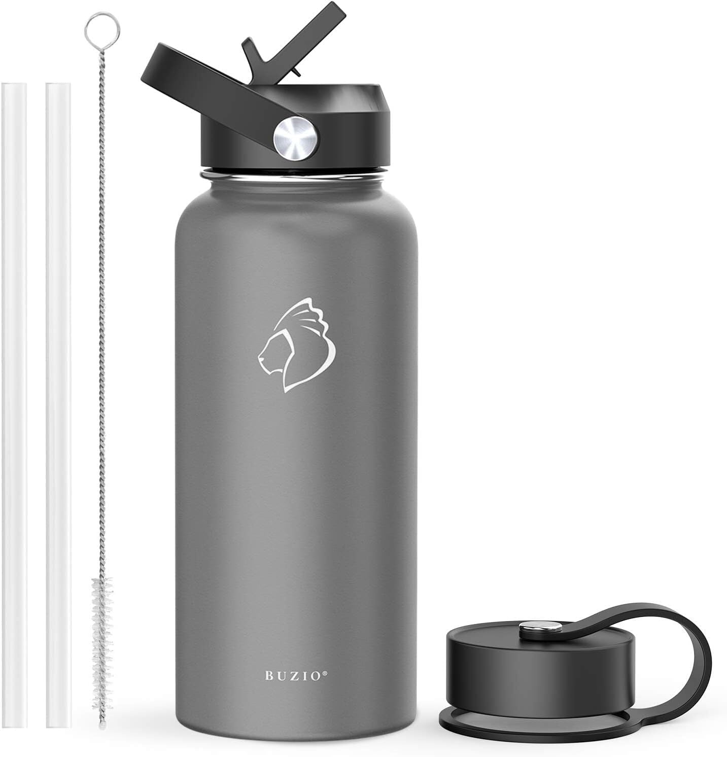 BUZIO 32 oz Insulated Water Bottle with Straw Lid and Flex Cap, Vacuum Stainless Steel Water ...