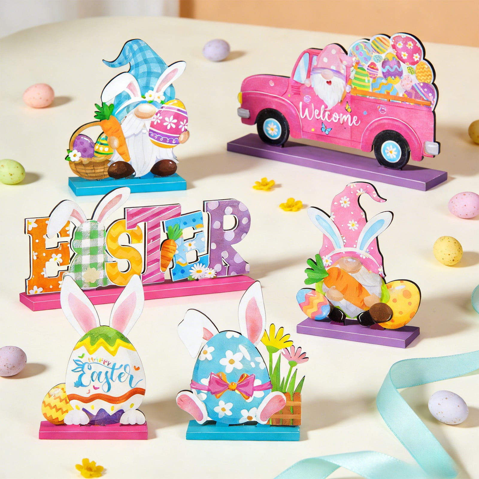 BVEBJDX 6 Pcs Easter Bunny Tabletop Decorations Happy Easter Egg Truck ...