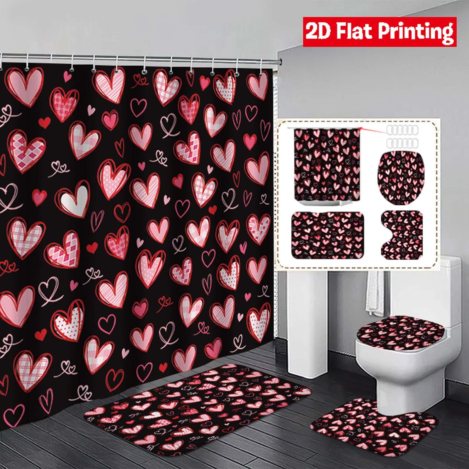 BVEBJDX Heart Shower Curtain Floor Mat Four Piece Set Home Bathroom Dry ...