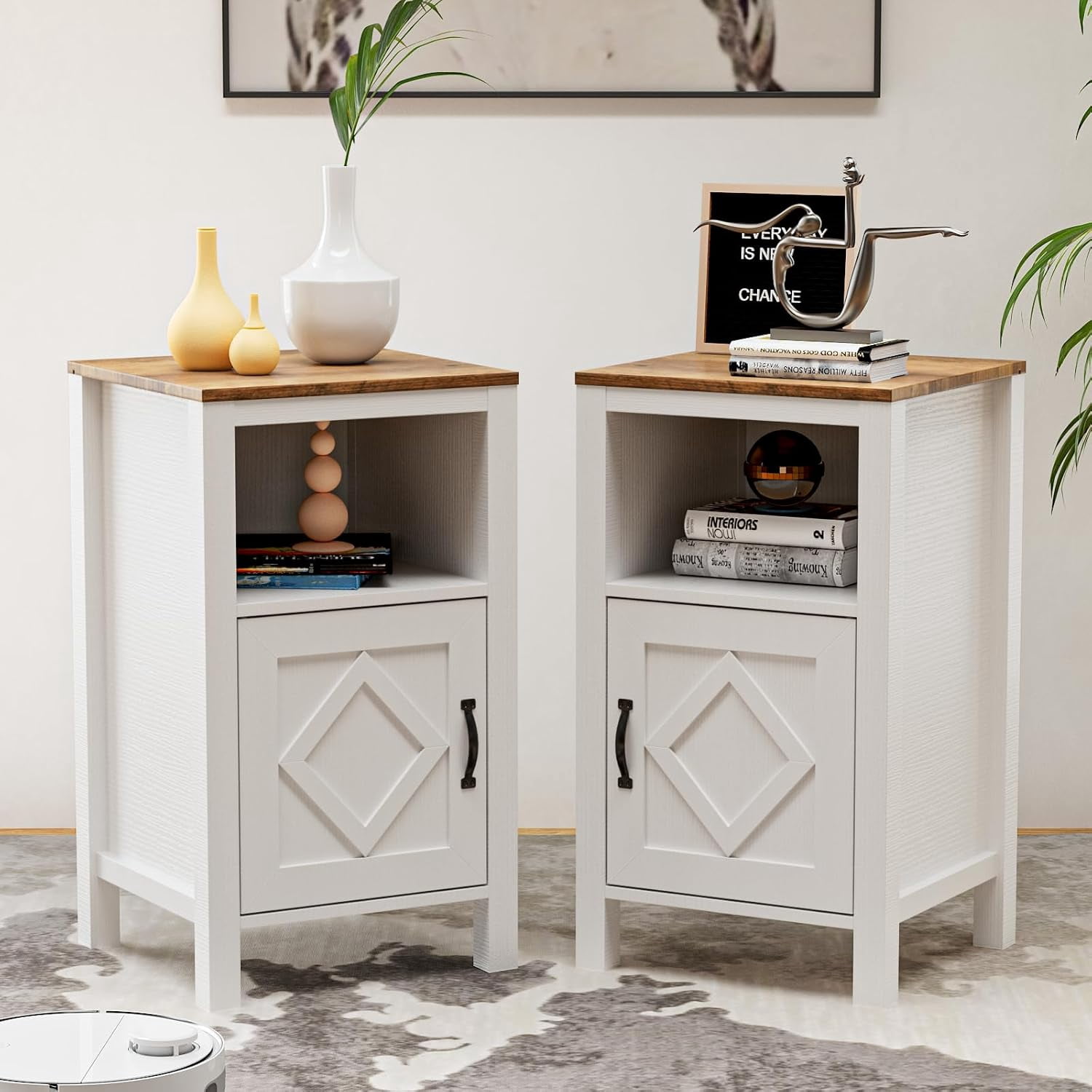 BVIUNTWO Set of 2 Modern White Side Tables with Cabinet & Open ...