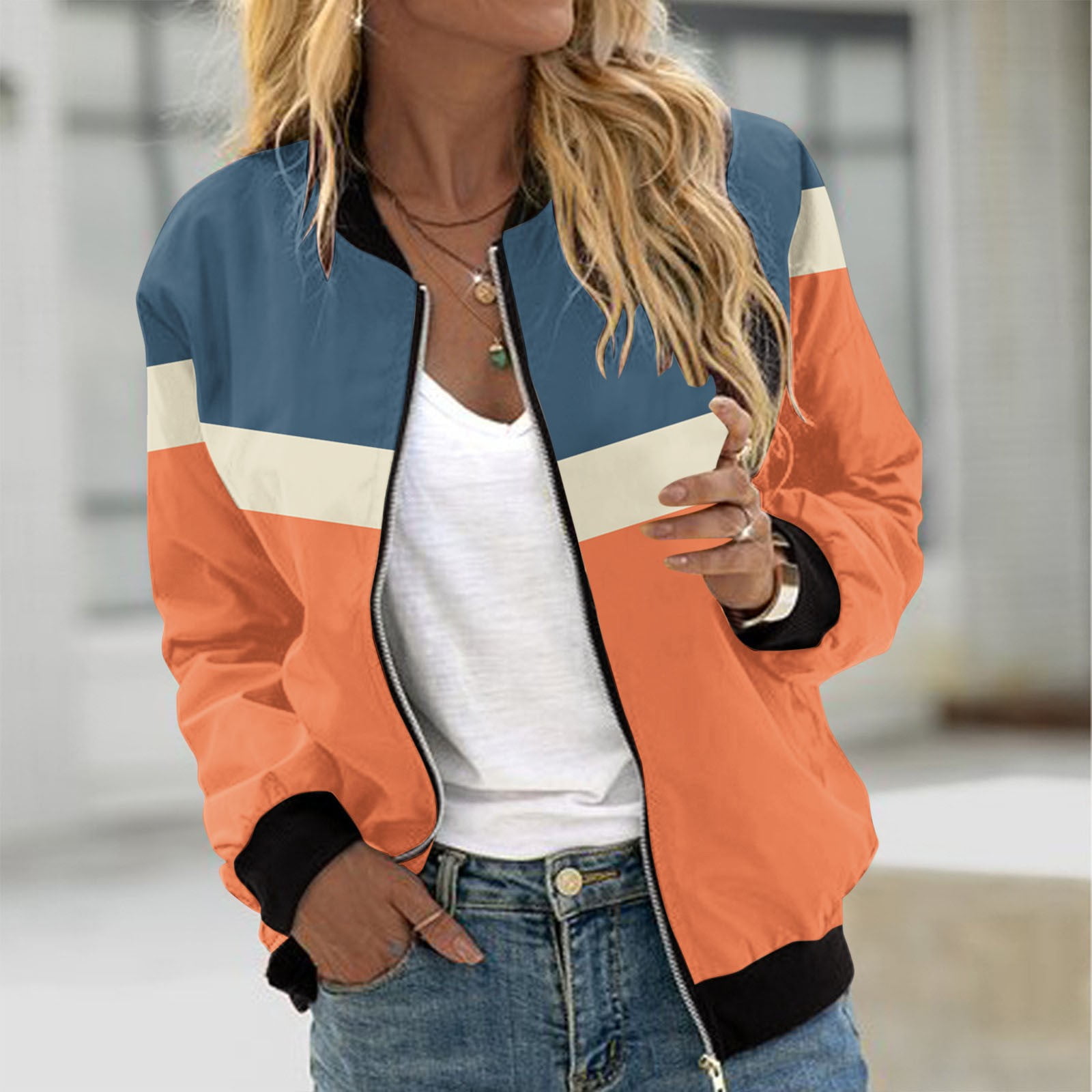 BVOFAR Bomber Jackets for Women Color Block Zip Up Coats Casual Stand ...