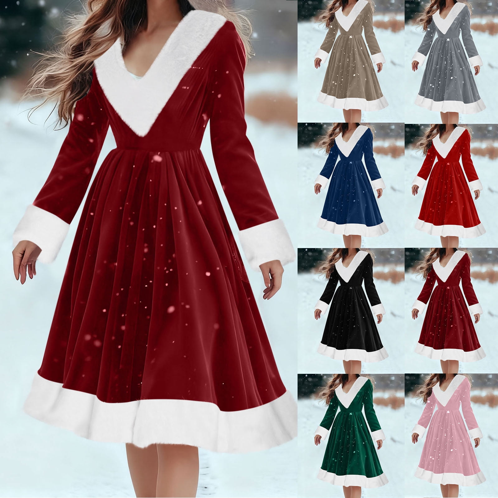 BVOFAR Christmas Dresses for Women Cozy Velvet V Neck Furry Trim Gowns ...