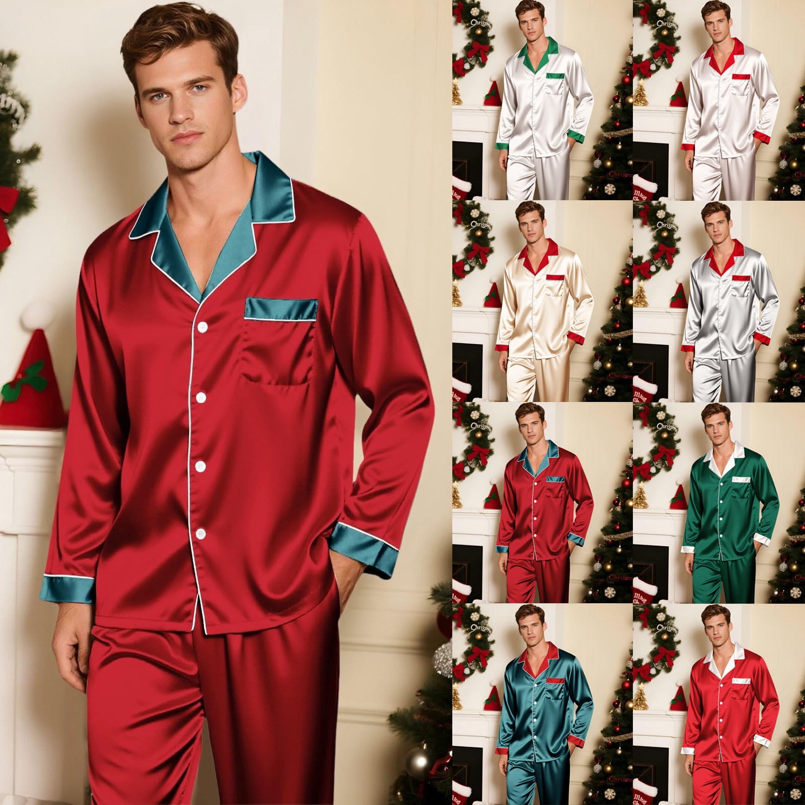 BVOFAR Christmas Pajamas Set for Men Cozy Satin Button Down Shirts and ...