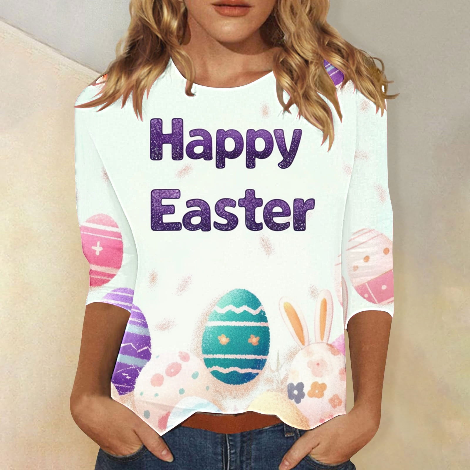 BVOFAR Easter Shirts for Women Funny Egg Graphic Tees 3/4 Length Sleeve ...