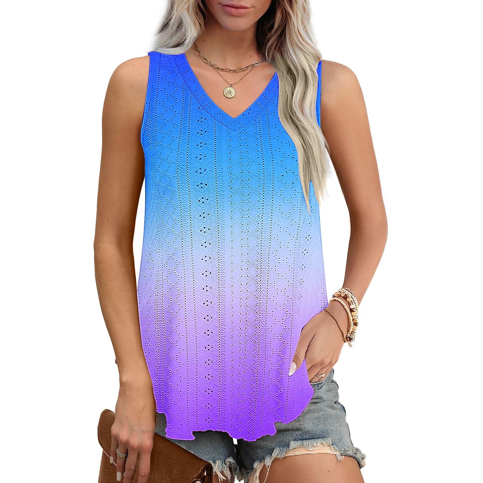 BVOFAR Flowy Tank Tops for Women 2025 Eyelet Embroidery V Neck Shirts ...