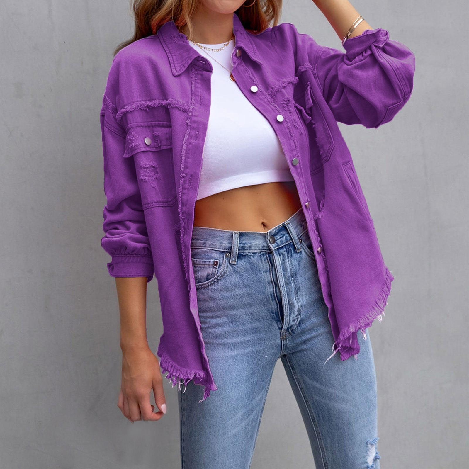 BVOFAR Jean Jackets for Women Trendy Long Sleeve Ripped Denim Jacket ...