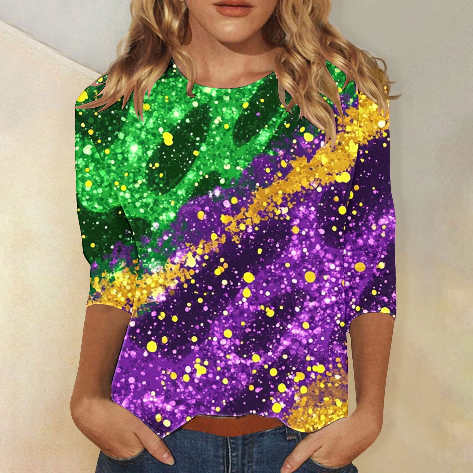 BVOFAR Mardi Gras Shirts for Women 3/4 Sleeve Sequin Print Tops ...