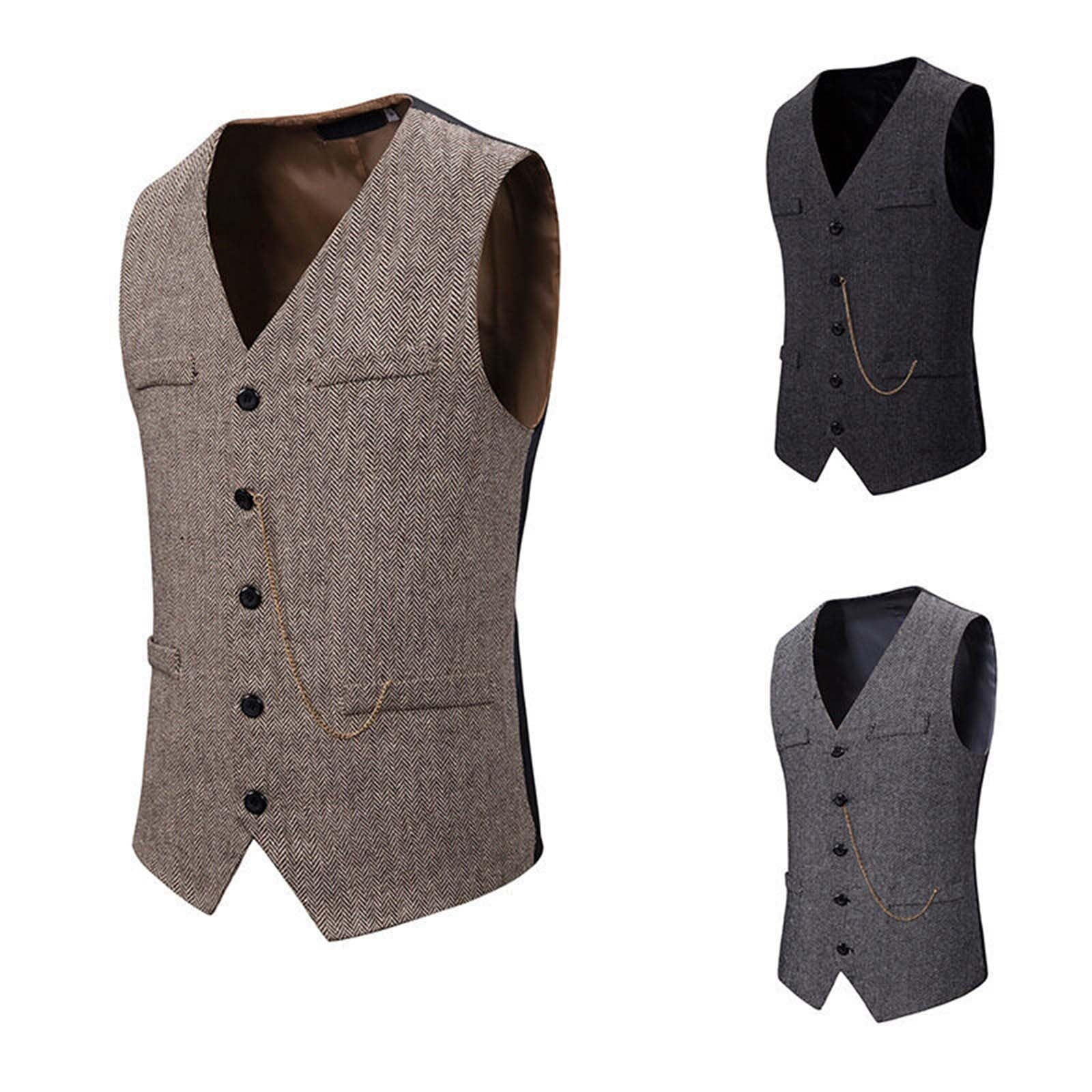 BVOFAR Men's Herringbone Suit Vests Vintage Tweed Wool Blend Waistcoats ...