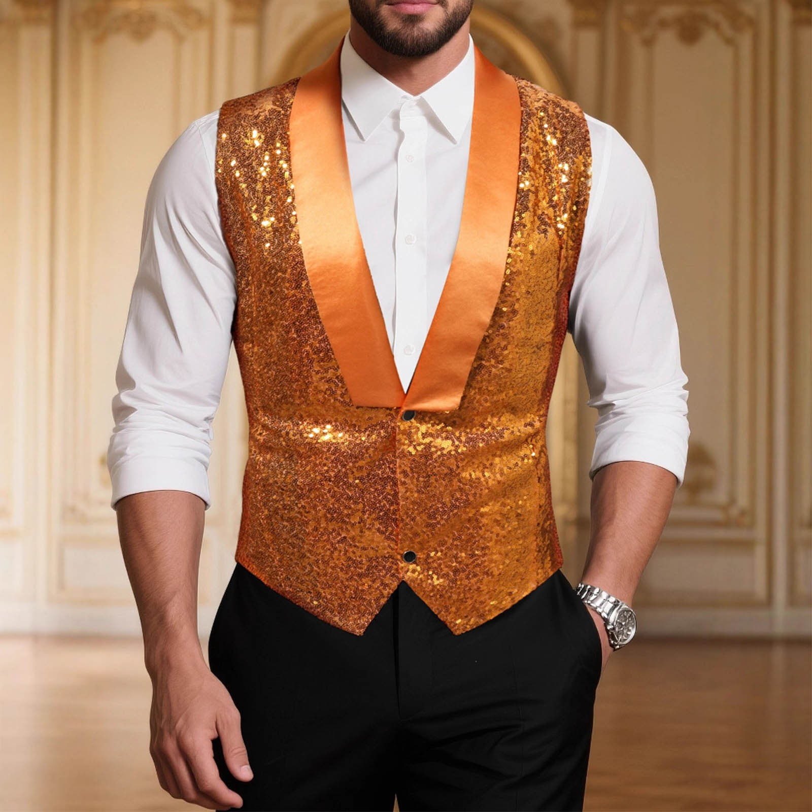 BVOFAR Men's Sequin Vest Formal V-neck Slim Fit Shiny Waistcoat Two ...