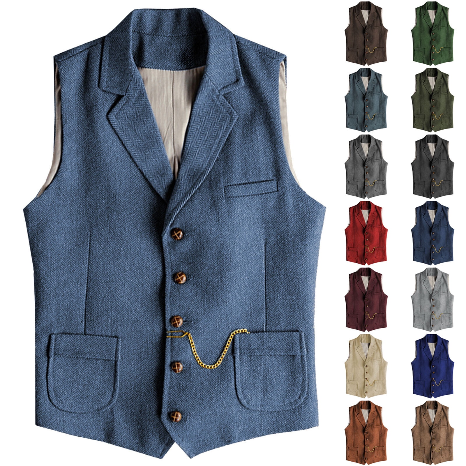 BVOFAR Men's Tweed Suit Vest Herringbone Wool Blend Waistcoats Retro ...