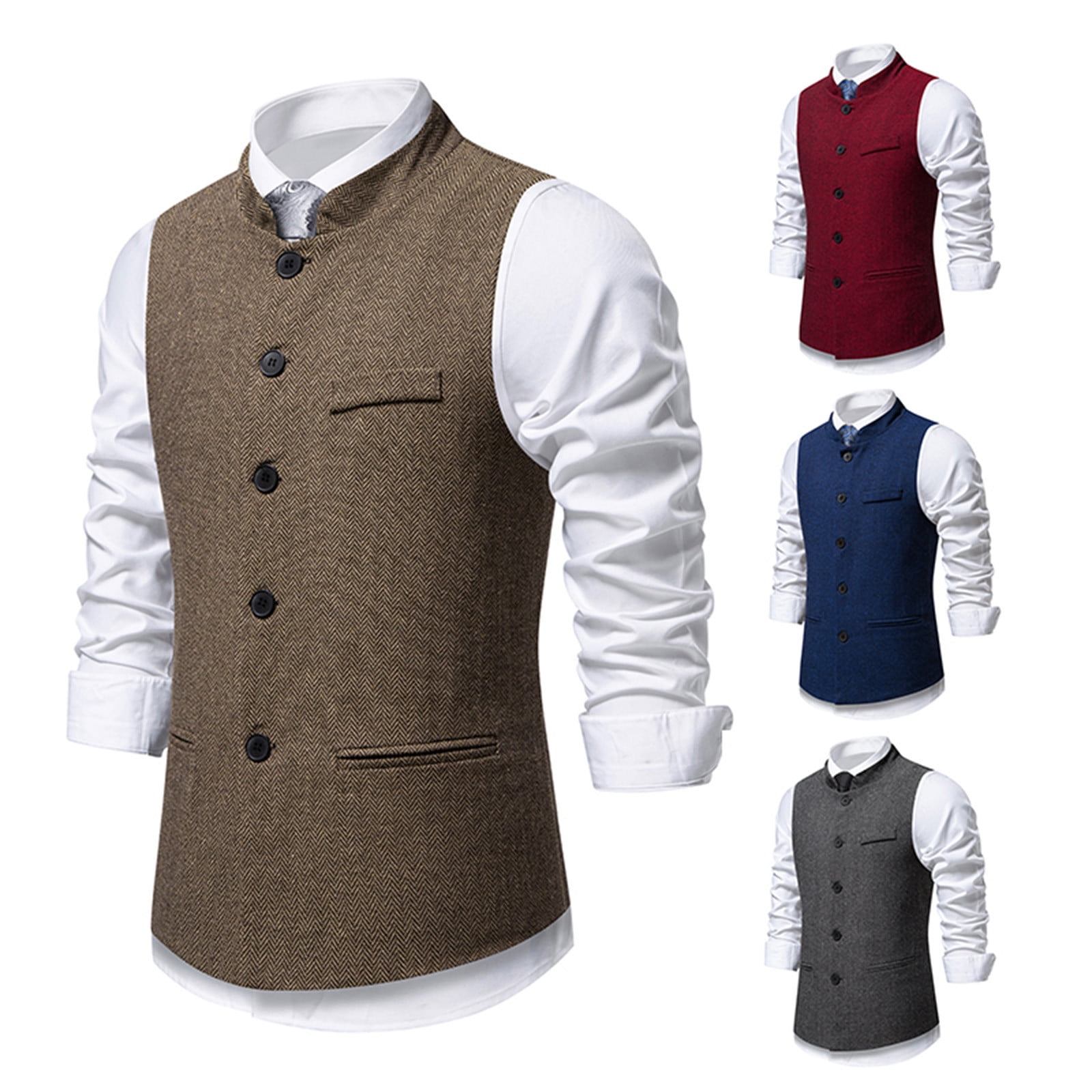BVOFAR Mens Herringbone Vests Tweed Suit Waistcoats Slim Fit High ...