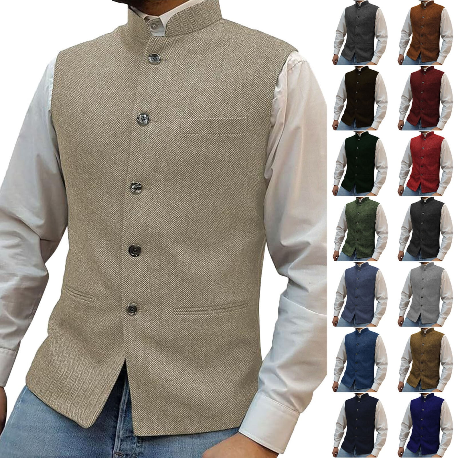 BVOFAR Mens Herringbone Wool Blend Vest Suit Business Tweed High Collar ...