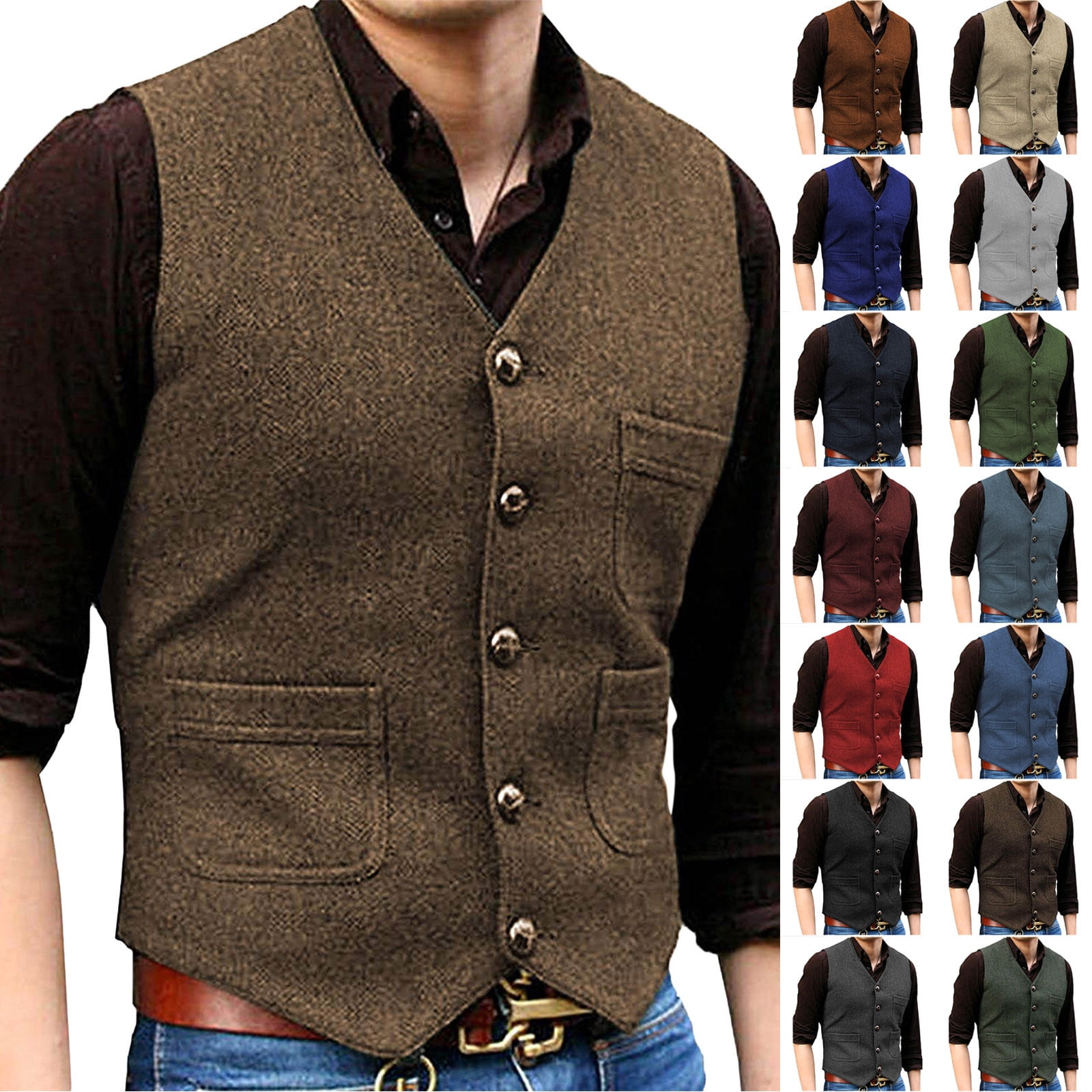 BVOFAR Mens Suit Vest Retro Herringbone Tweed Waistcoat Formal Wool ...