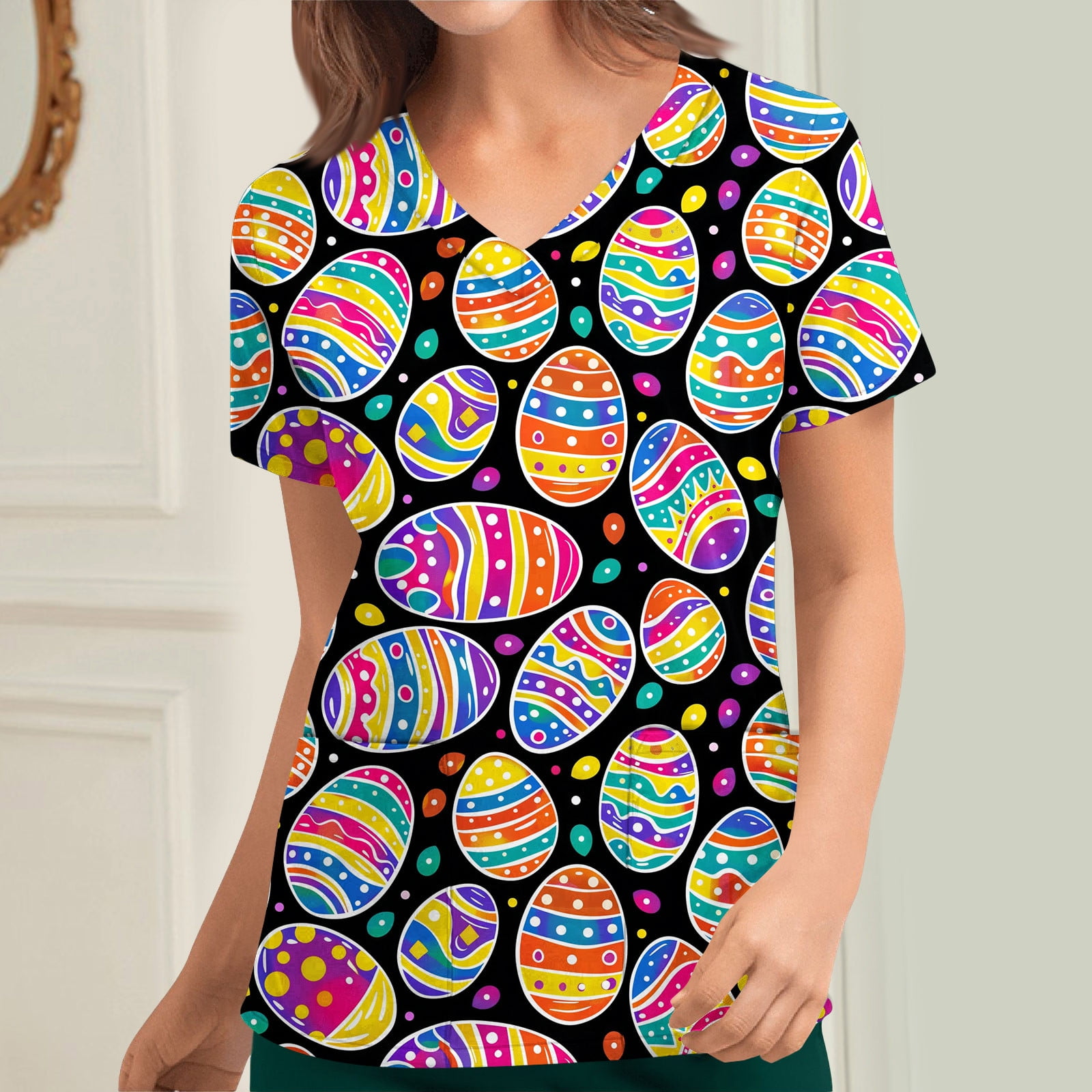 BVOFAR Scrubs for Women Stretch Short Sleeve V Neck Tops Easter Eggs ...