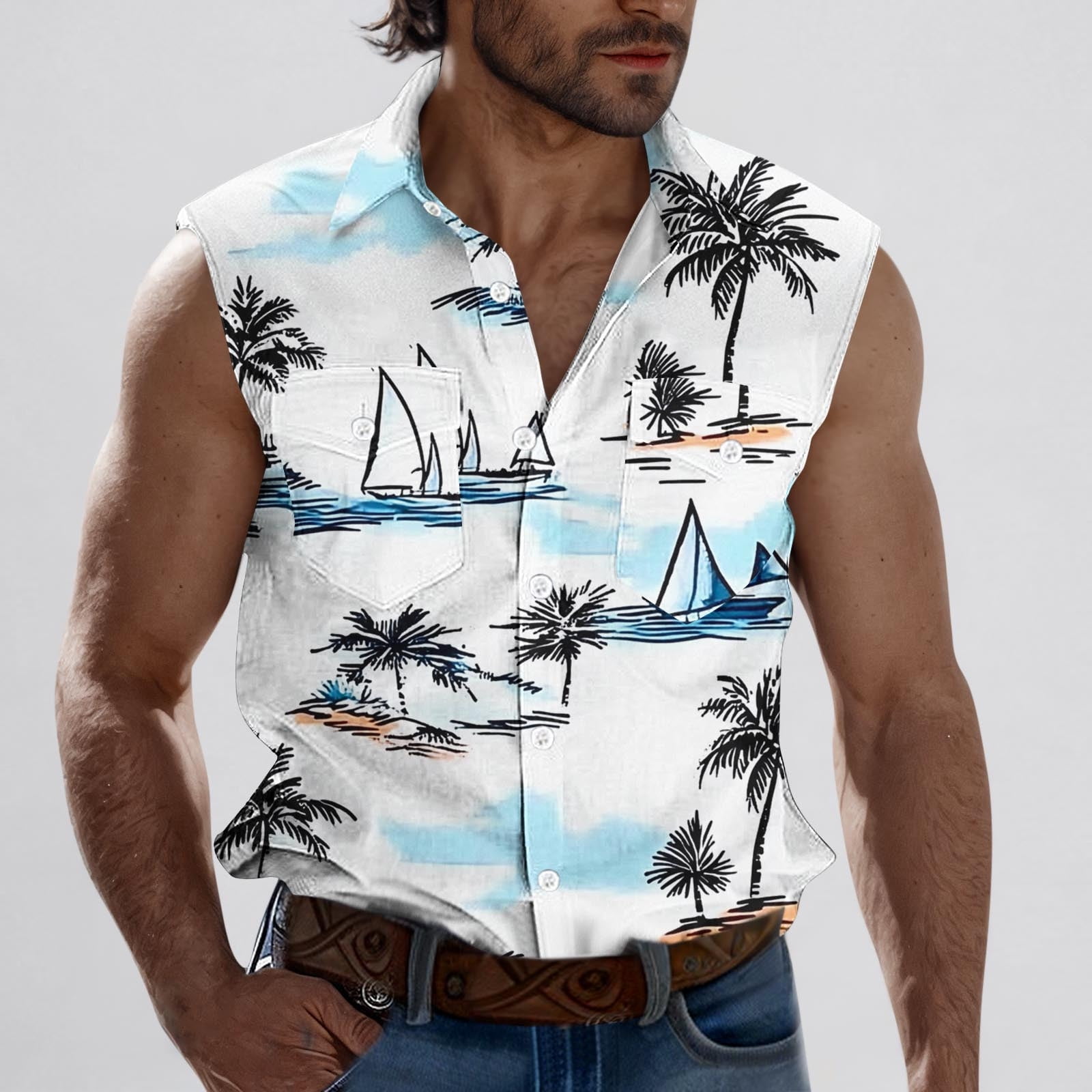 BVOFAR Sleeveless Beach Shirts for Men Causal Lapel Button Down Shirt ...