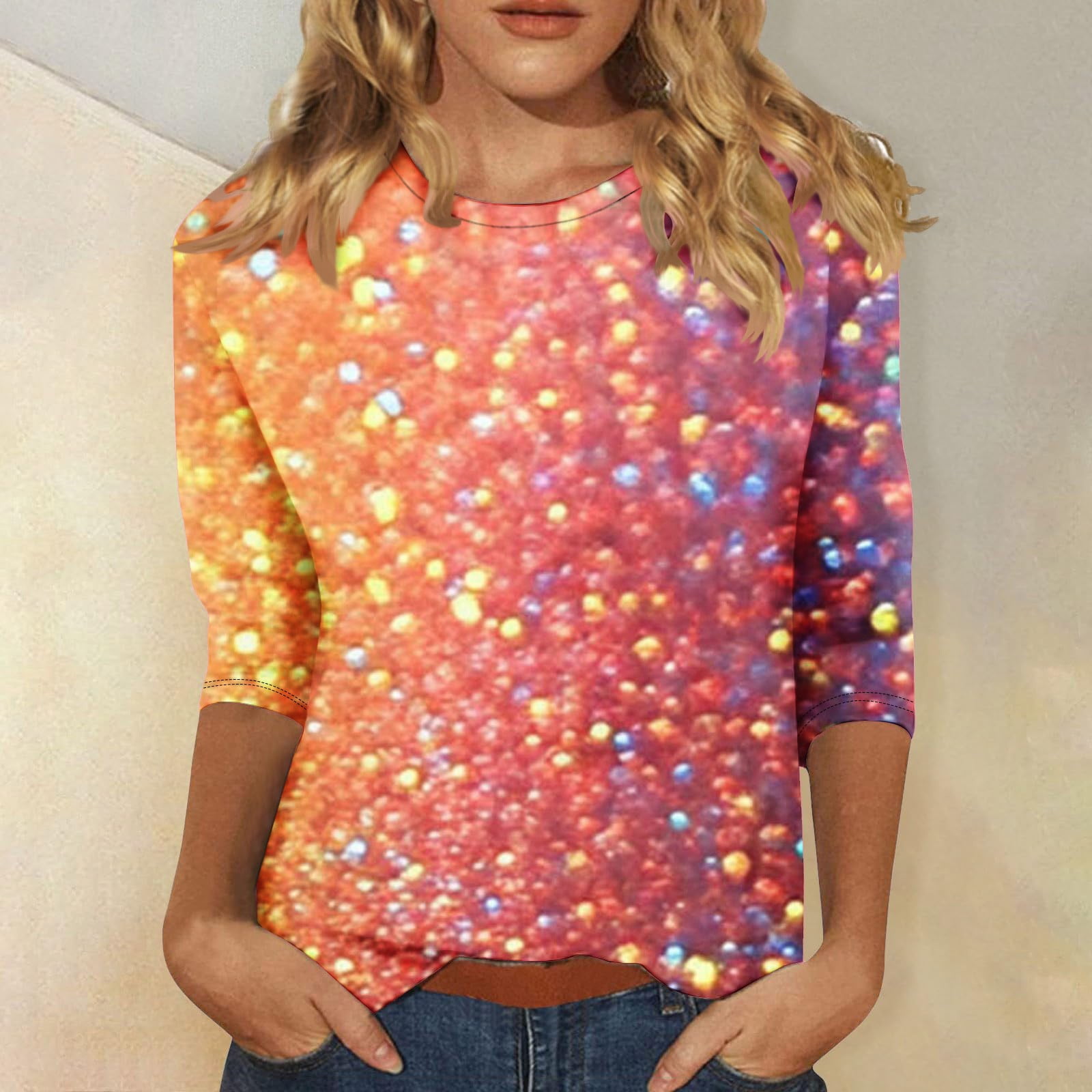 BVOFAR Sparkly Print Shirts for Women 3/4 Sleeve Crew Neck Tunic Tops ...