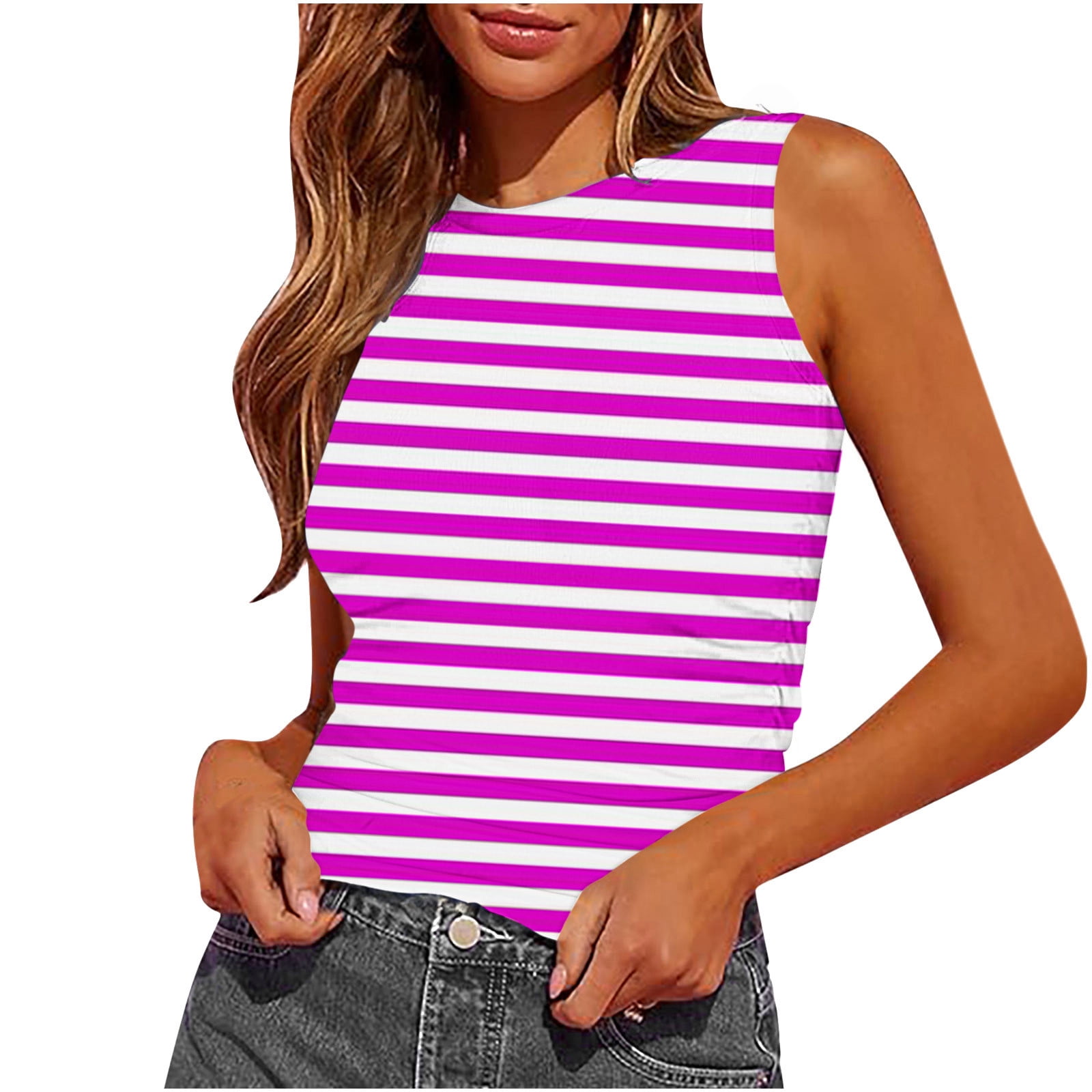 BVOFAR Summer Striped Print Tank Tops for Women Sleeveless Round Neck ...