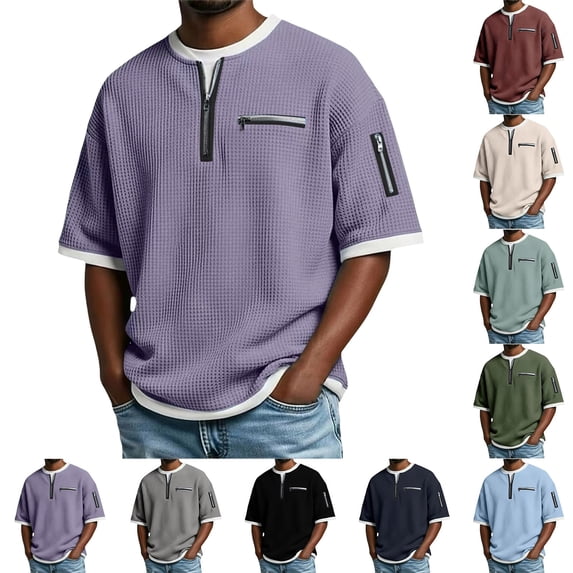 BVOFAR Waffle Knit T Shirts for Men Big and Tall Short Sleeve Half Zip ...