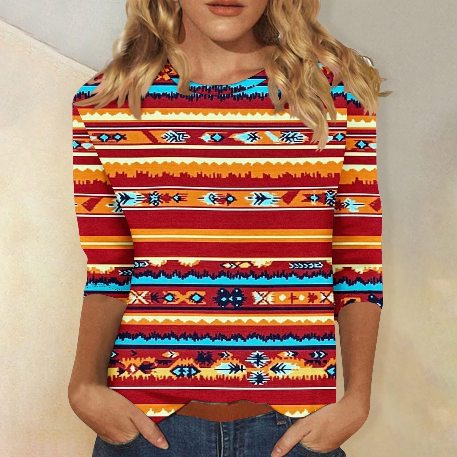BVOFAR Western Aztec Shirts for Women Ethnic Print 3/4 Sleeve Tunic ...