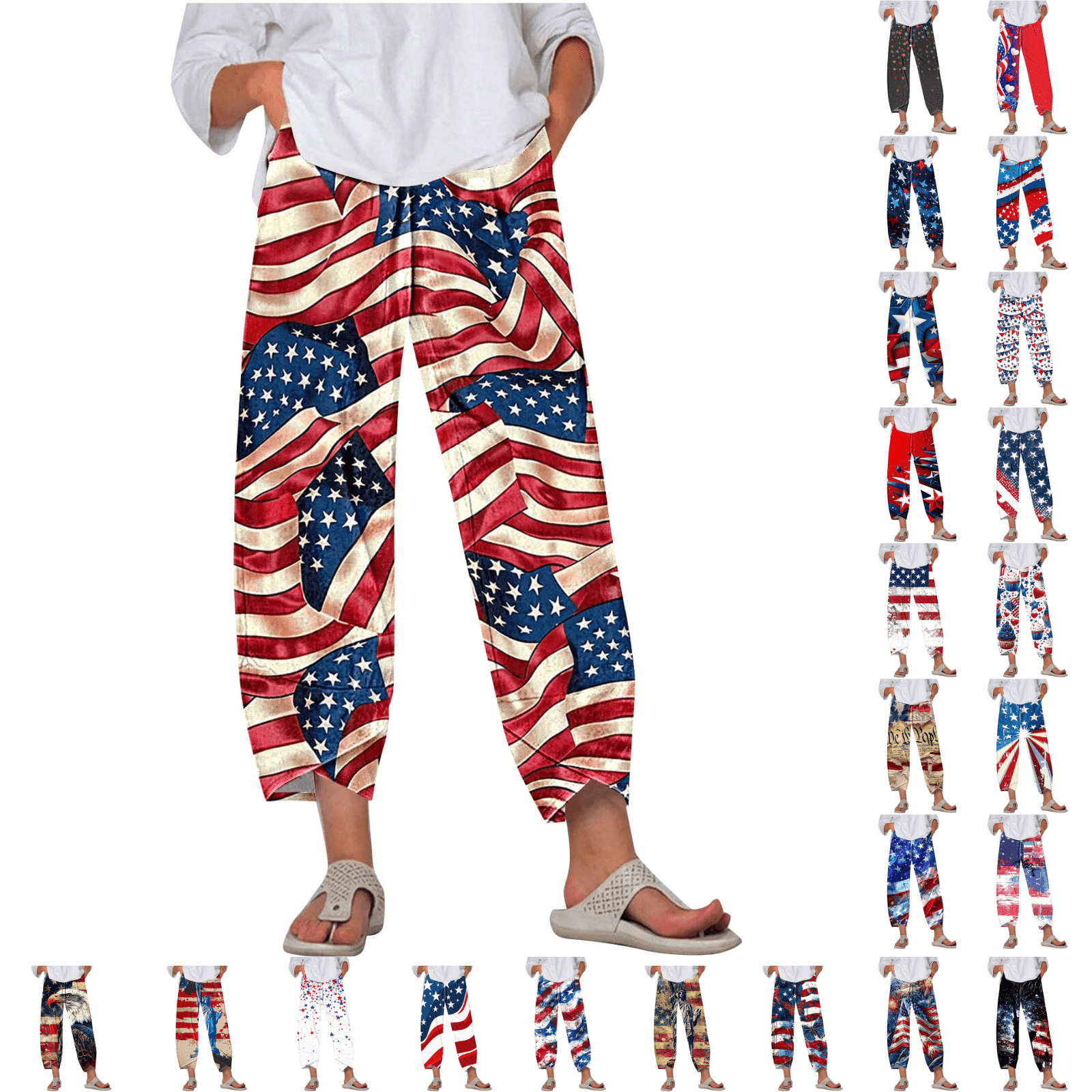 BVOFAR Women's 4th of July Plus Size Pants Comfy Stretch Drawstring ...