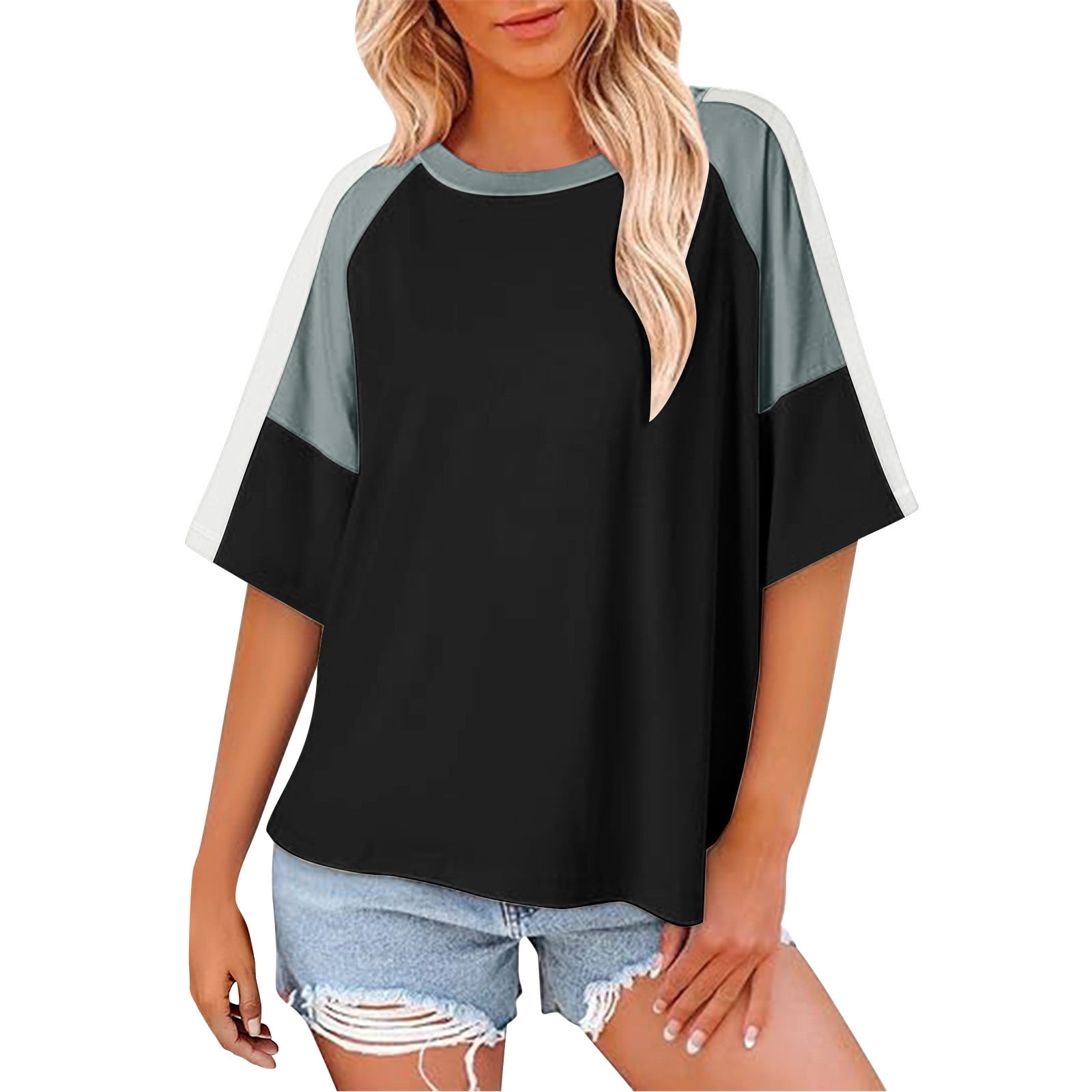 BVOFAR Women's Color Block Tops Crewneck Half Sleeve T-Shirts Summer ...