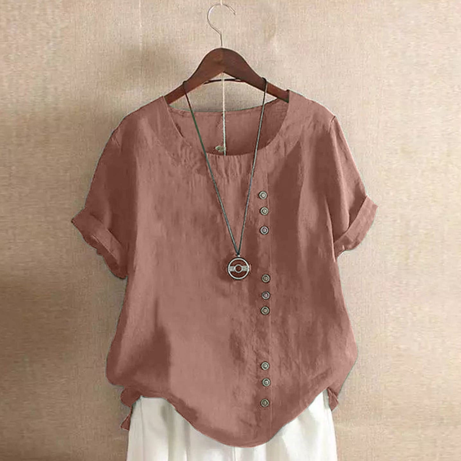 BVOFAR Women's Cotton Linen Crew Neck Tops Solid Color Short Sleeve ...