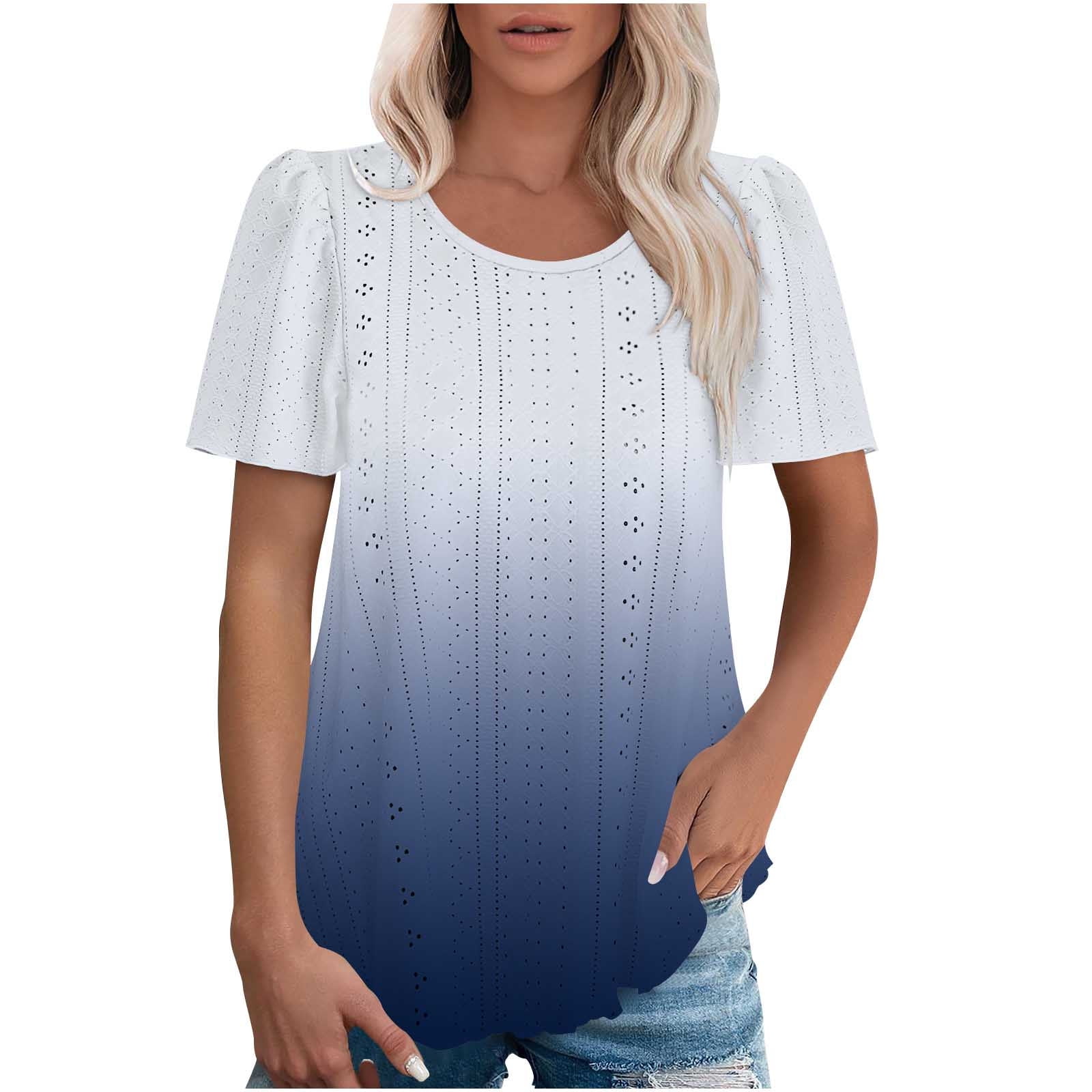 BVOFAR Women's Crewneck Casual Gradient T-Shirts 2025 Summer Eyelet ...