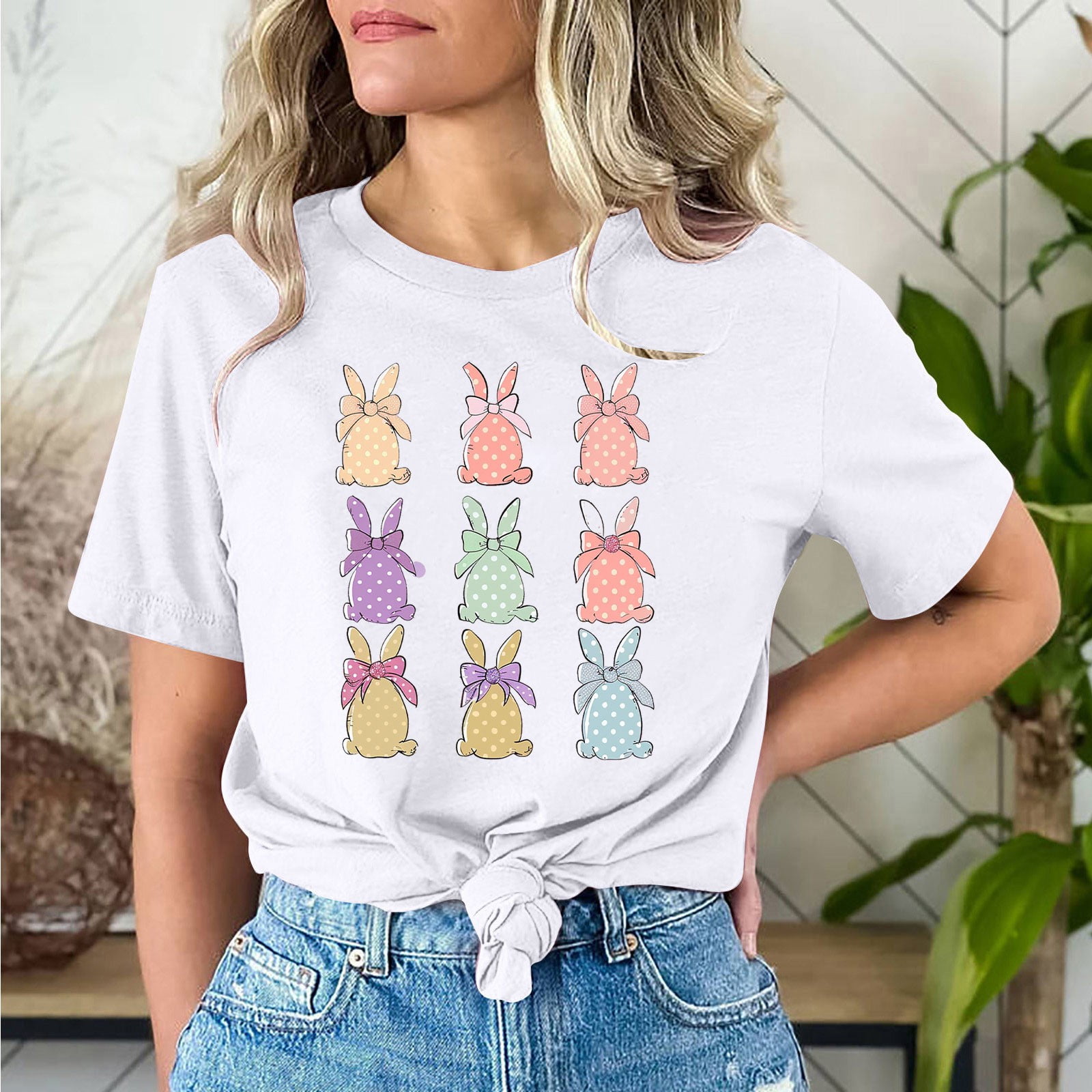 BVOFAR Women's Easter Short Sleeve Shirts 2025 Cute Funny Bunny Rabbit ...