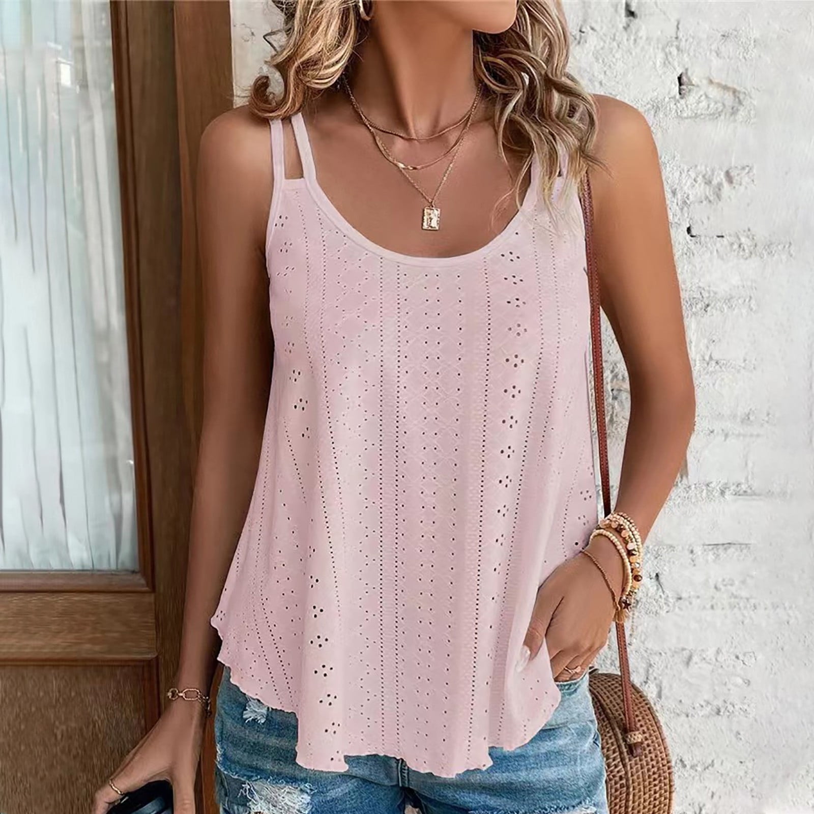 BVOFAR Women's Eyelet Embroidery Tank Tops Sleeveless Spaghetti Strap ...