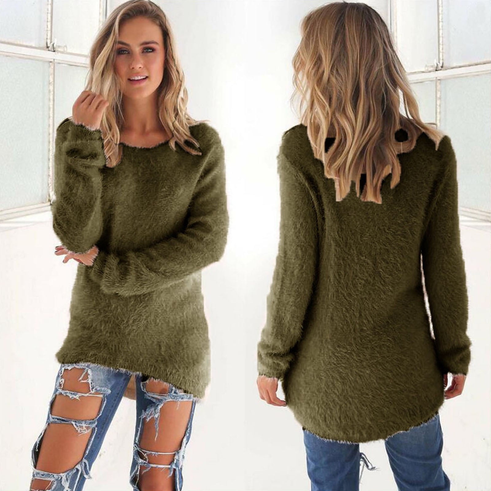 BVOFAR Women's Furry Pullover Sweater Casual Long Sleeve Fall Sweaters ...