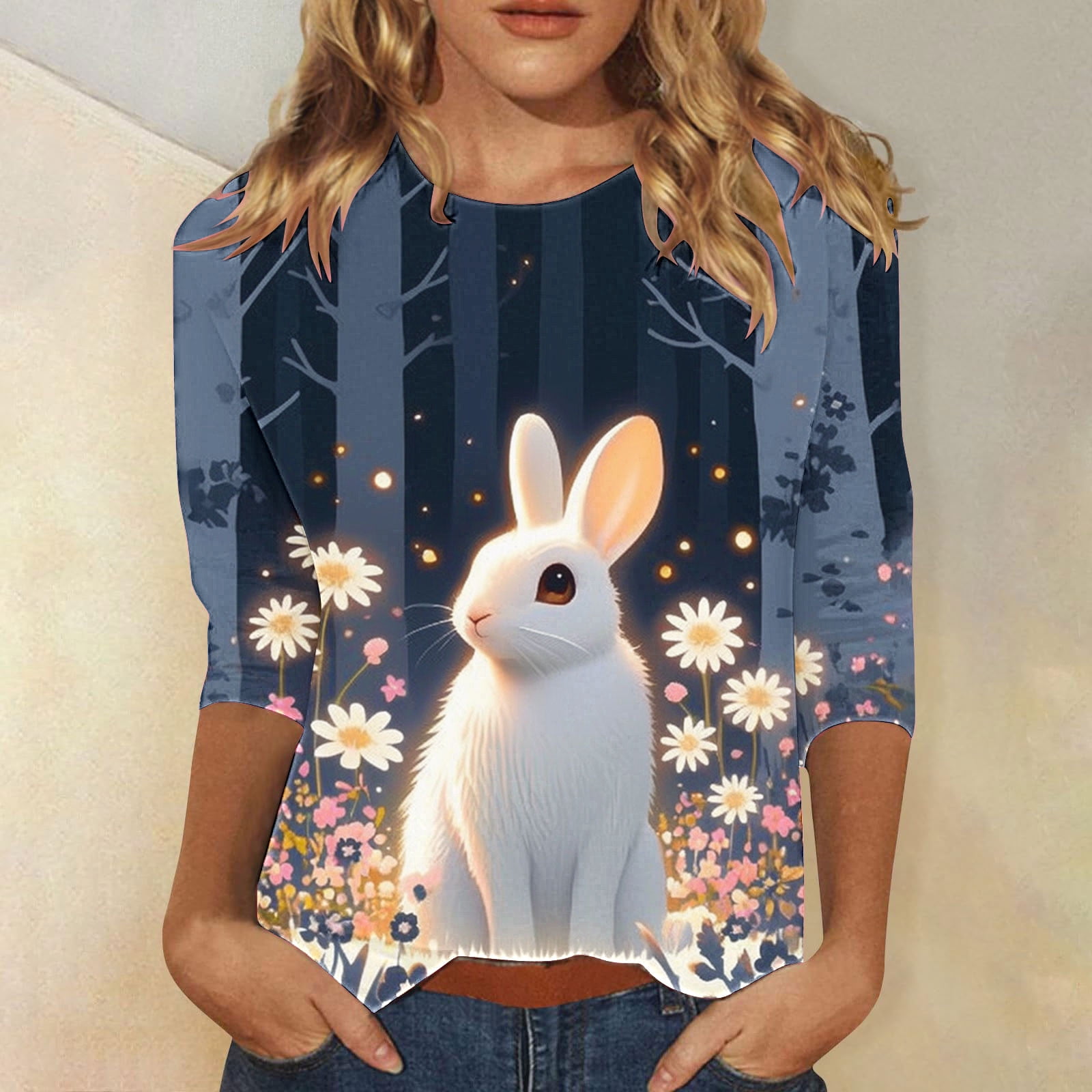 BVOFAR Women's Happy Easter Shirts Cute Bunny Print T-Shirts Casual 3/4 ...