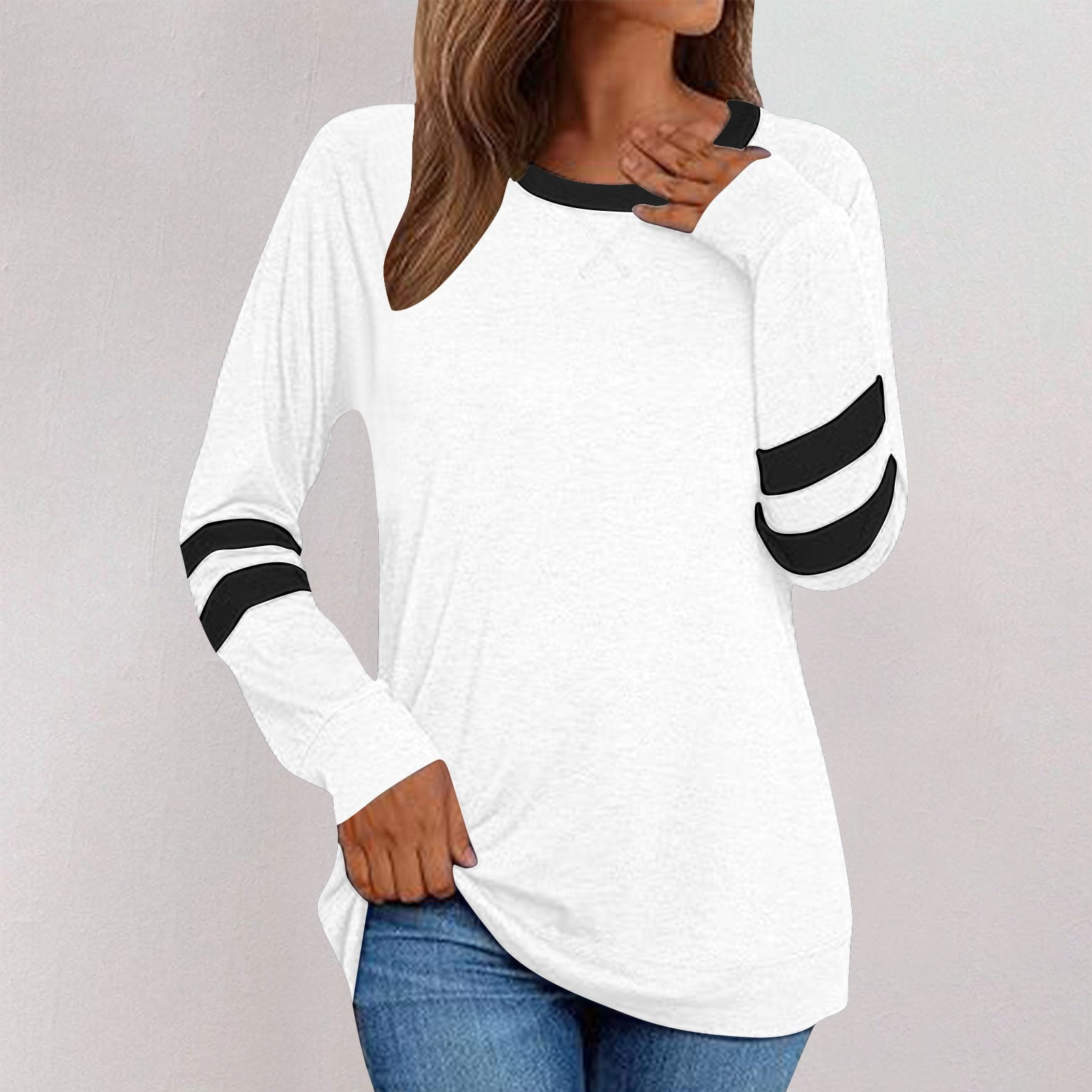 BVOFAR Women's Long Sleeve Shirts Color Block Casual Round Neck Tops ...