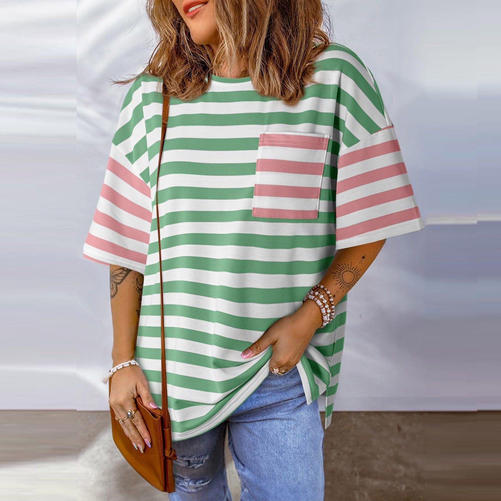BVOFAR Women's Oversized Striped Short Sleeve T-Shirts Color Block Crew ...