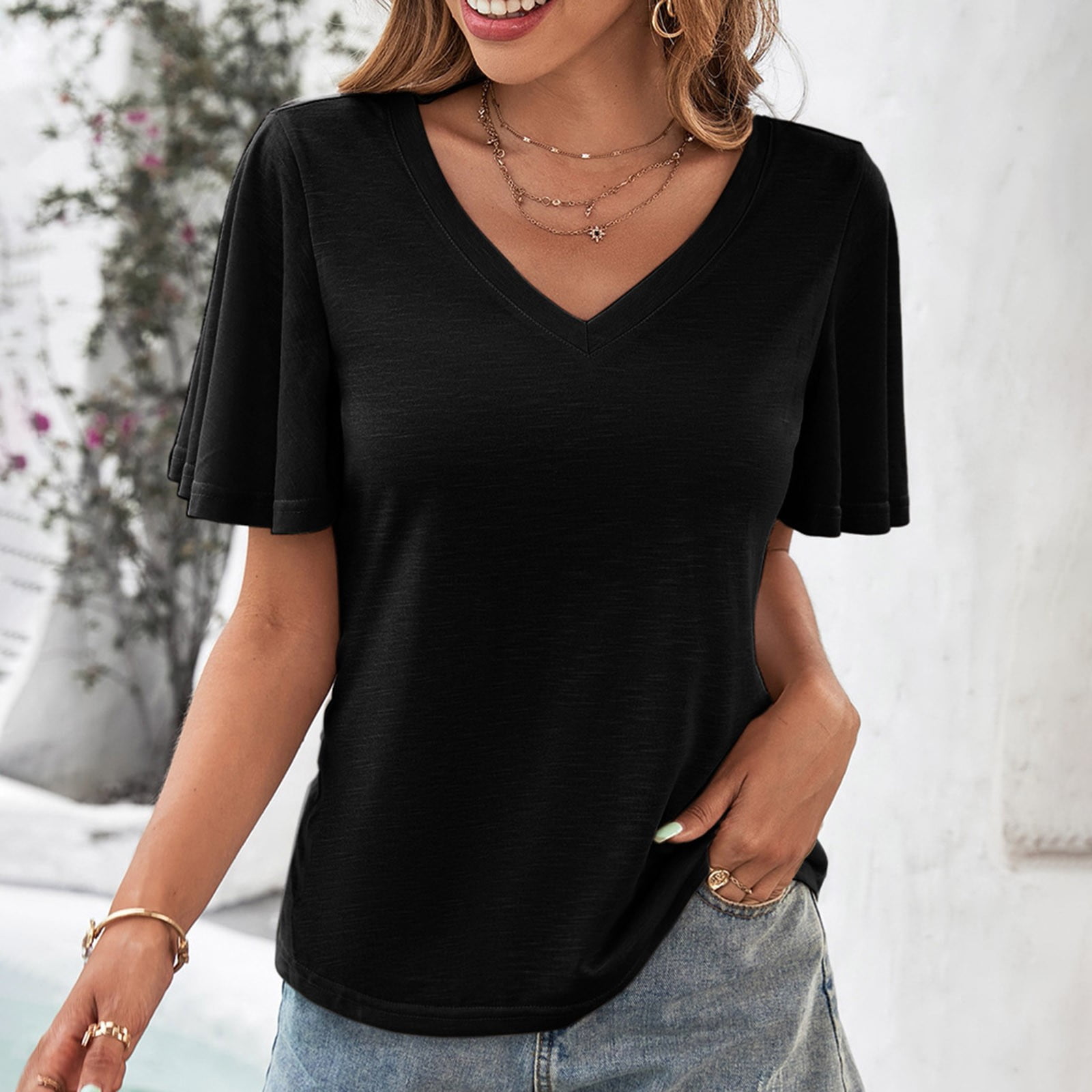 BVOFAR Women's Ruffle Short Sleeve Tops Summer V Neck Shirts Casual ...