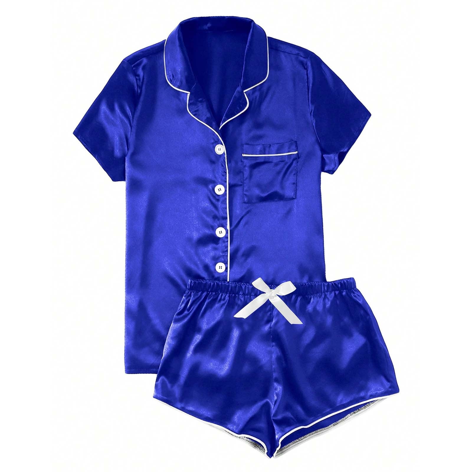 BVOFAR Women's Satin Silk Sleepwear Set Short Sleeve Button Up Shirts ...
