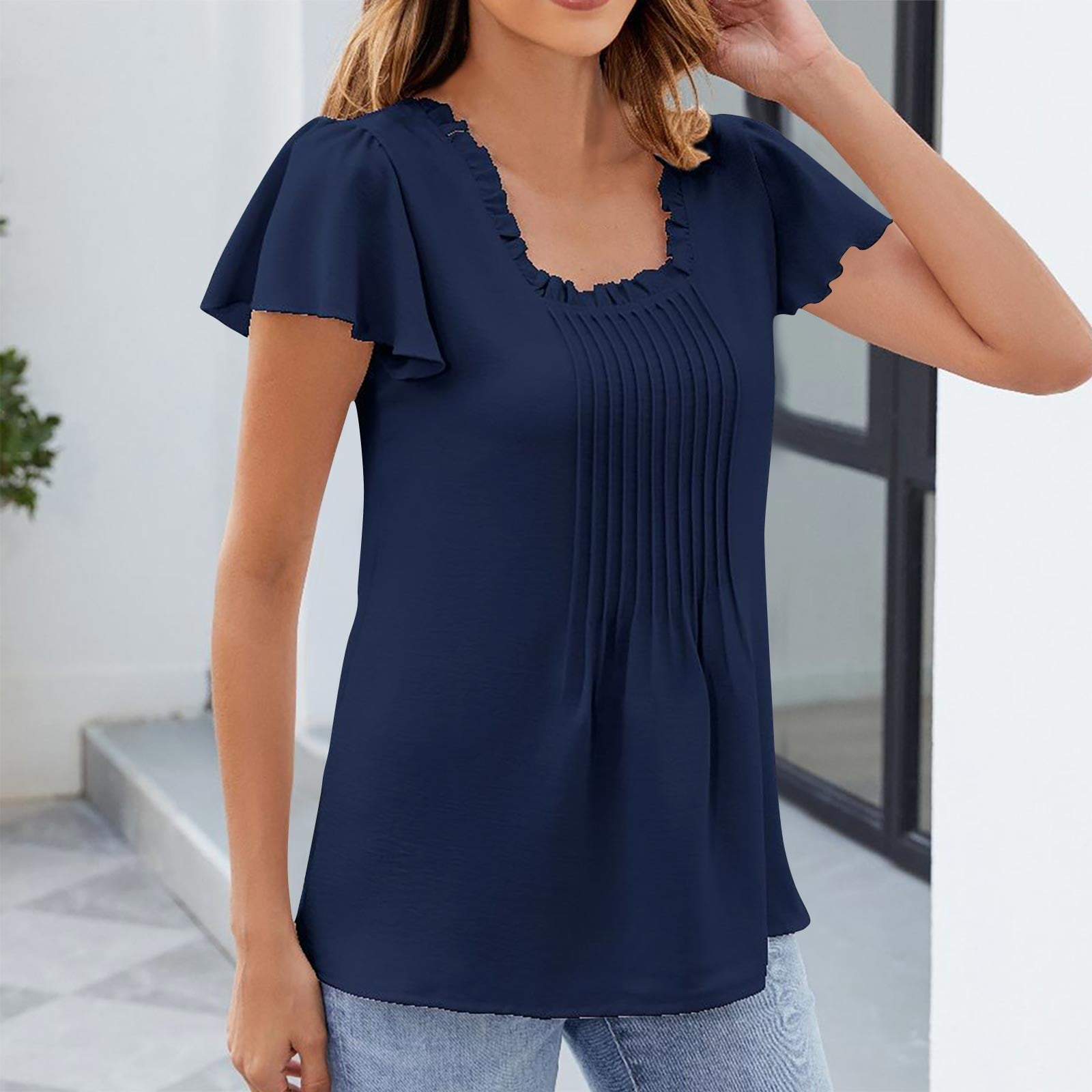 BVOFAR Women's Square Neck Tunic Tops Puff Short Sleeve Pleated Flowy T ...