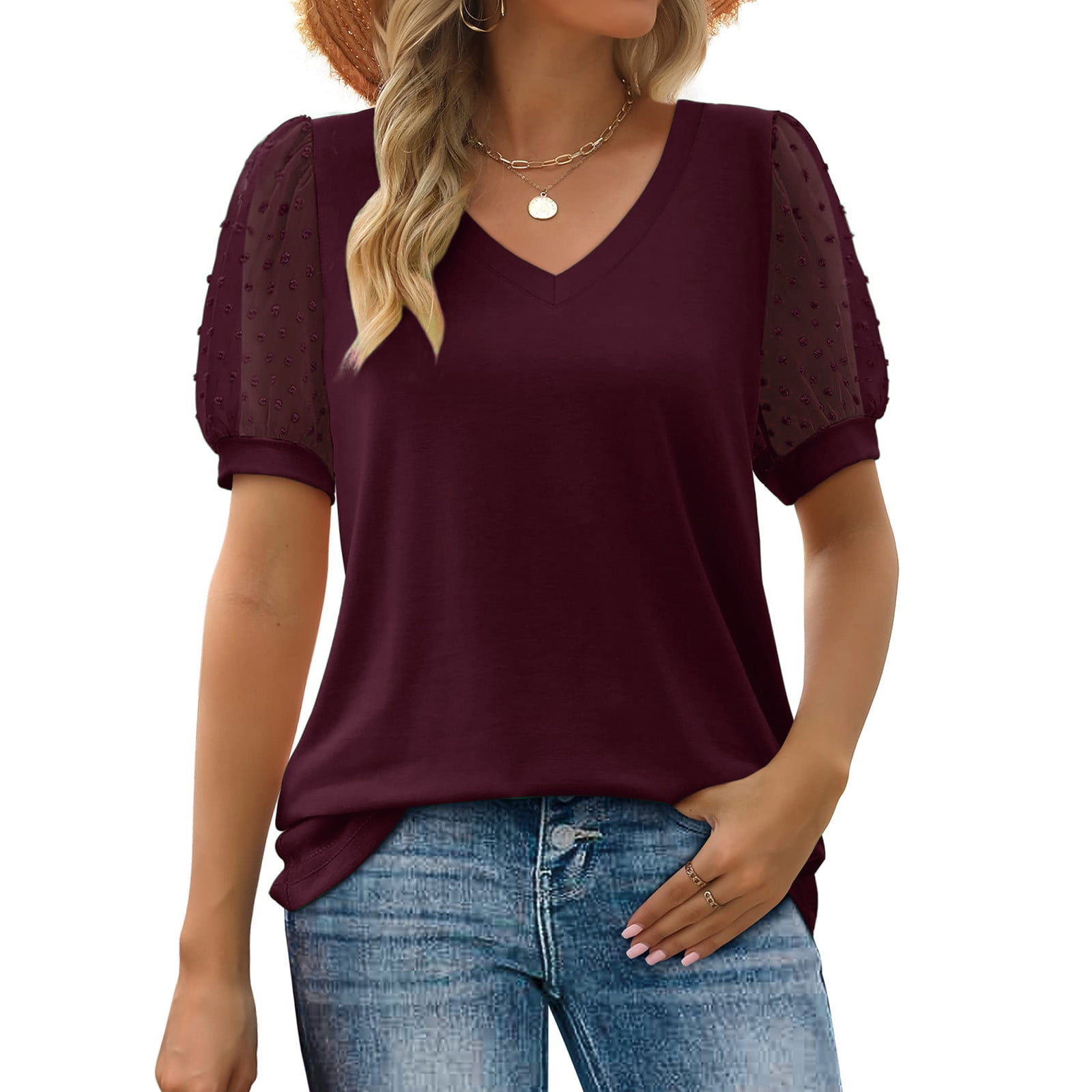 BVOFAR Women's Summer Solid Color Tops Casual V Neck Shirts Dot Puffy ...