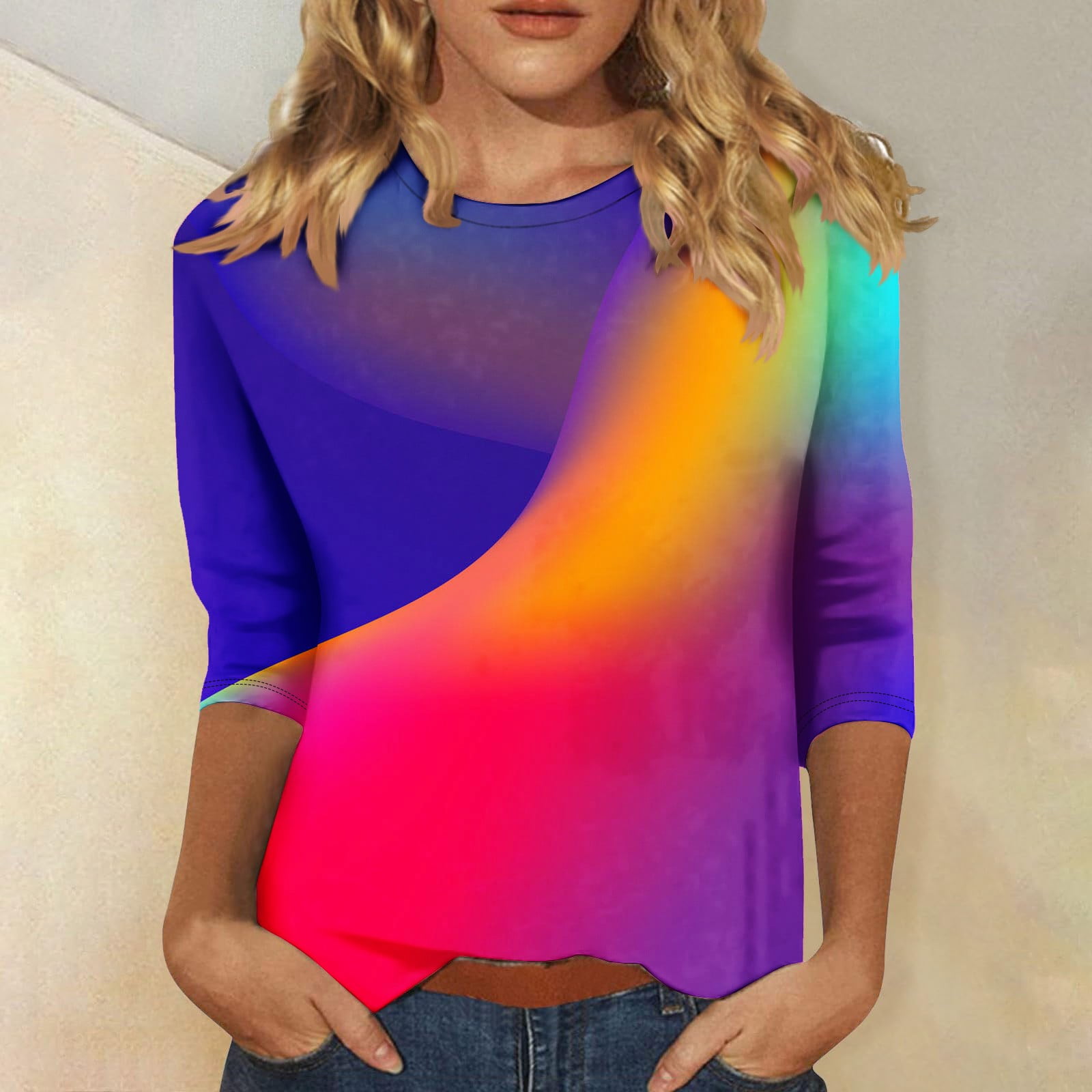 BVOFAR Womens 3/4 Length Sleeve Tops 2025 Color Block Crewneck Shirts ...