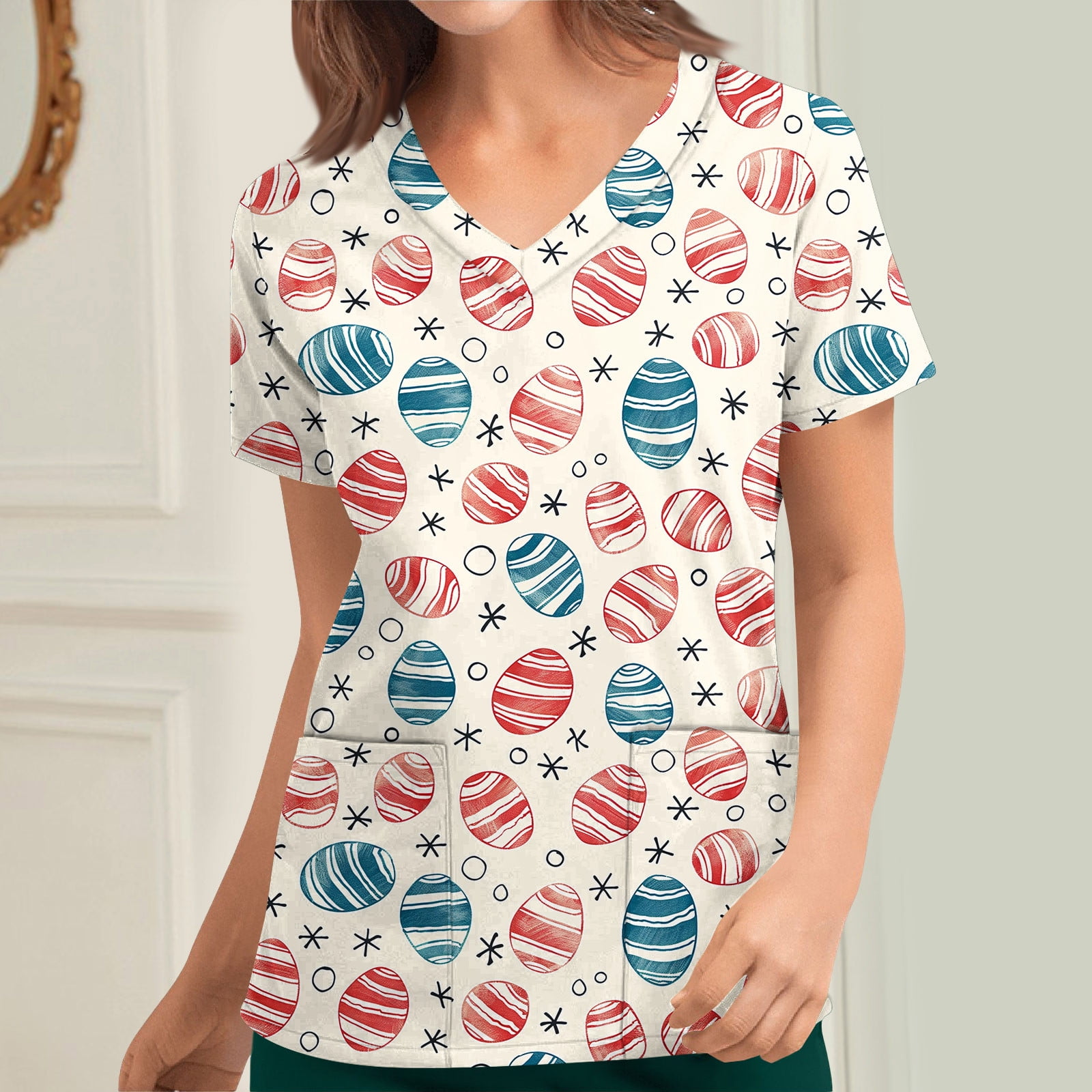BVOFAR Womens Easter Scrub Tops Funny Egg Print Nurse Uniforms Short ...