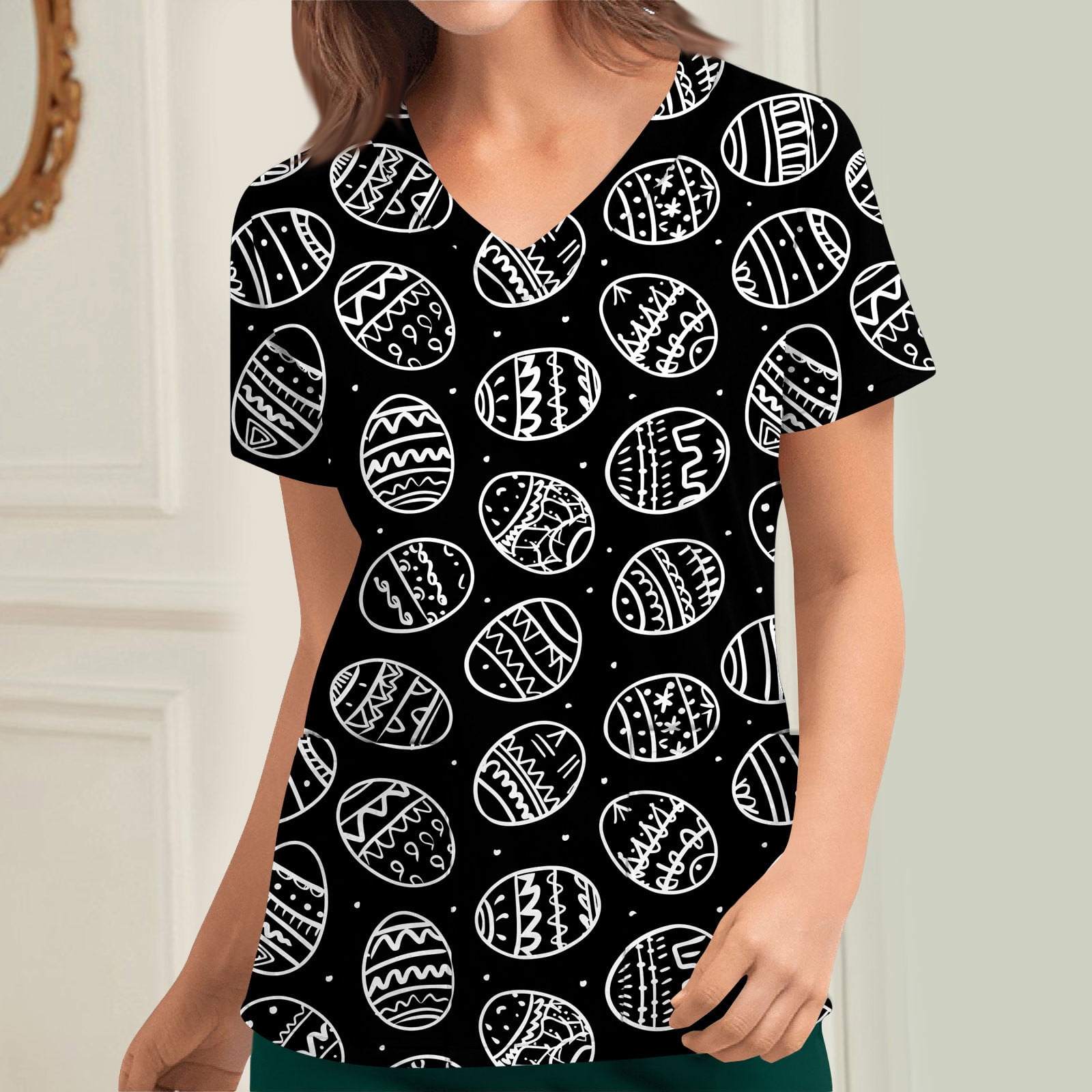 BVOFAR Womens Easter Scrub Tops Funny Eggs Printed Nurse Uniforms Short ...