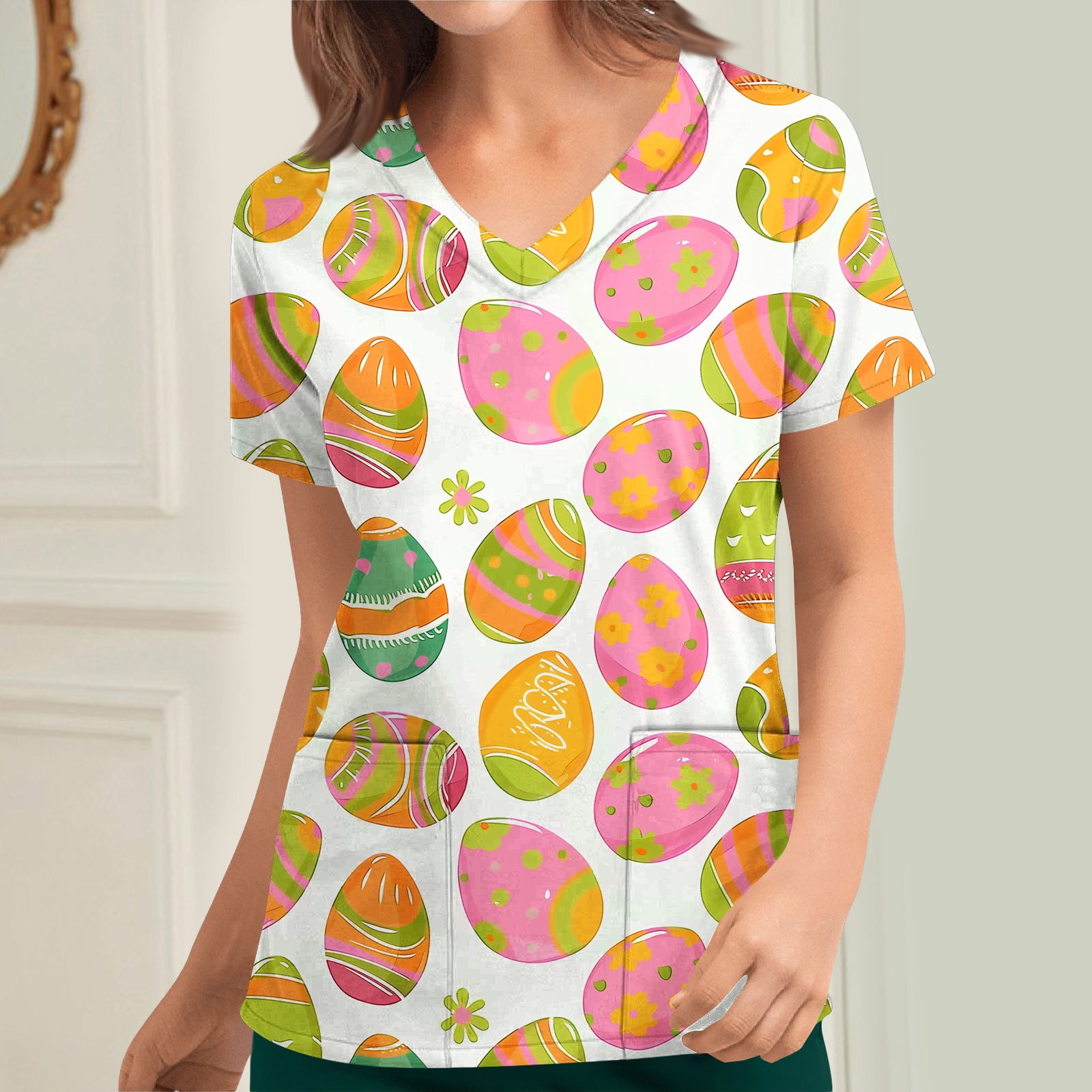 BVOFAR Womens Easter Scrub Tops Short Sleeve V Neck Nurse Working ...