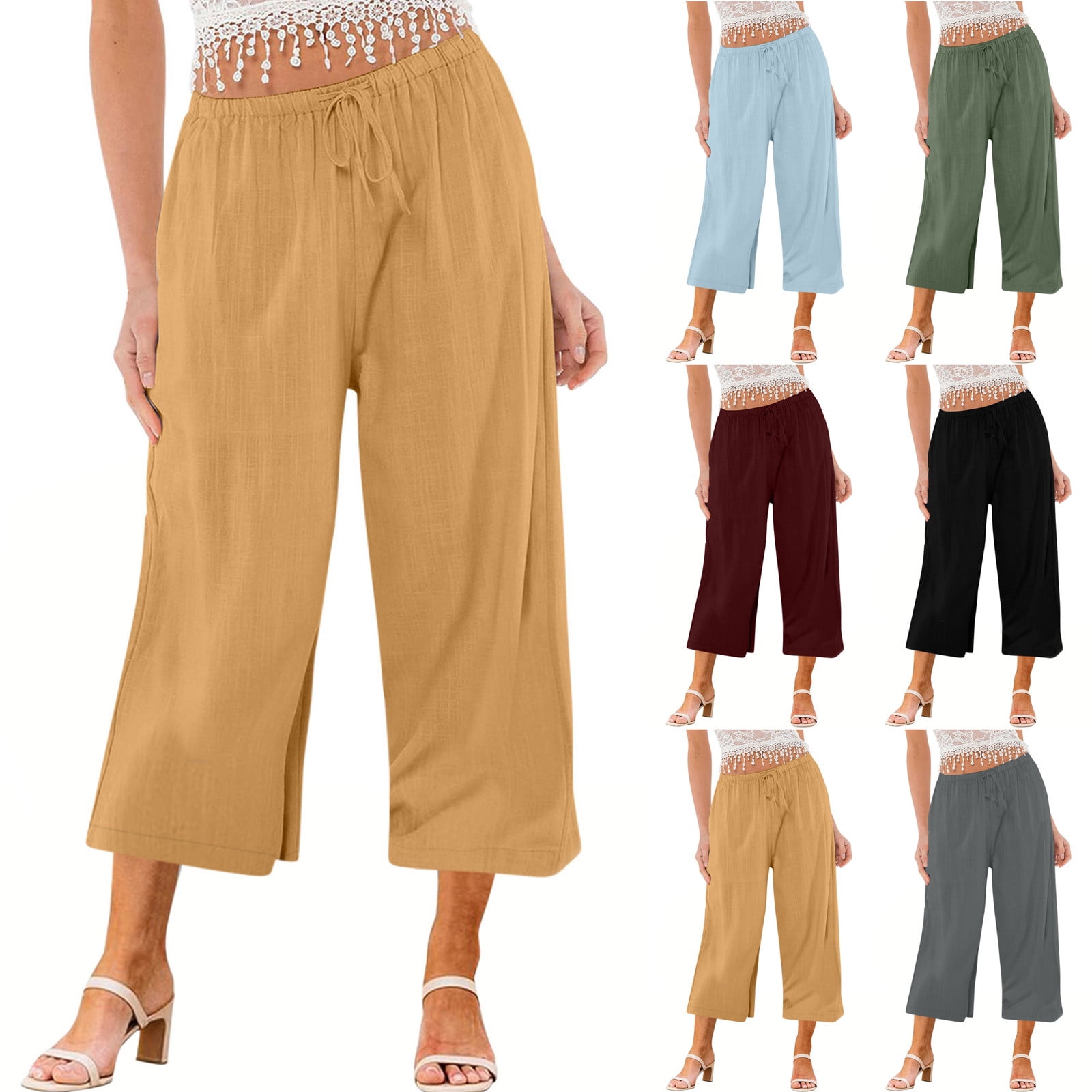 BVOFAR Womens Linen Capri Pants Wide Leg Drawstring Palazzo Pant Baggy ...