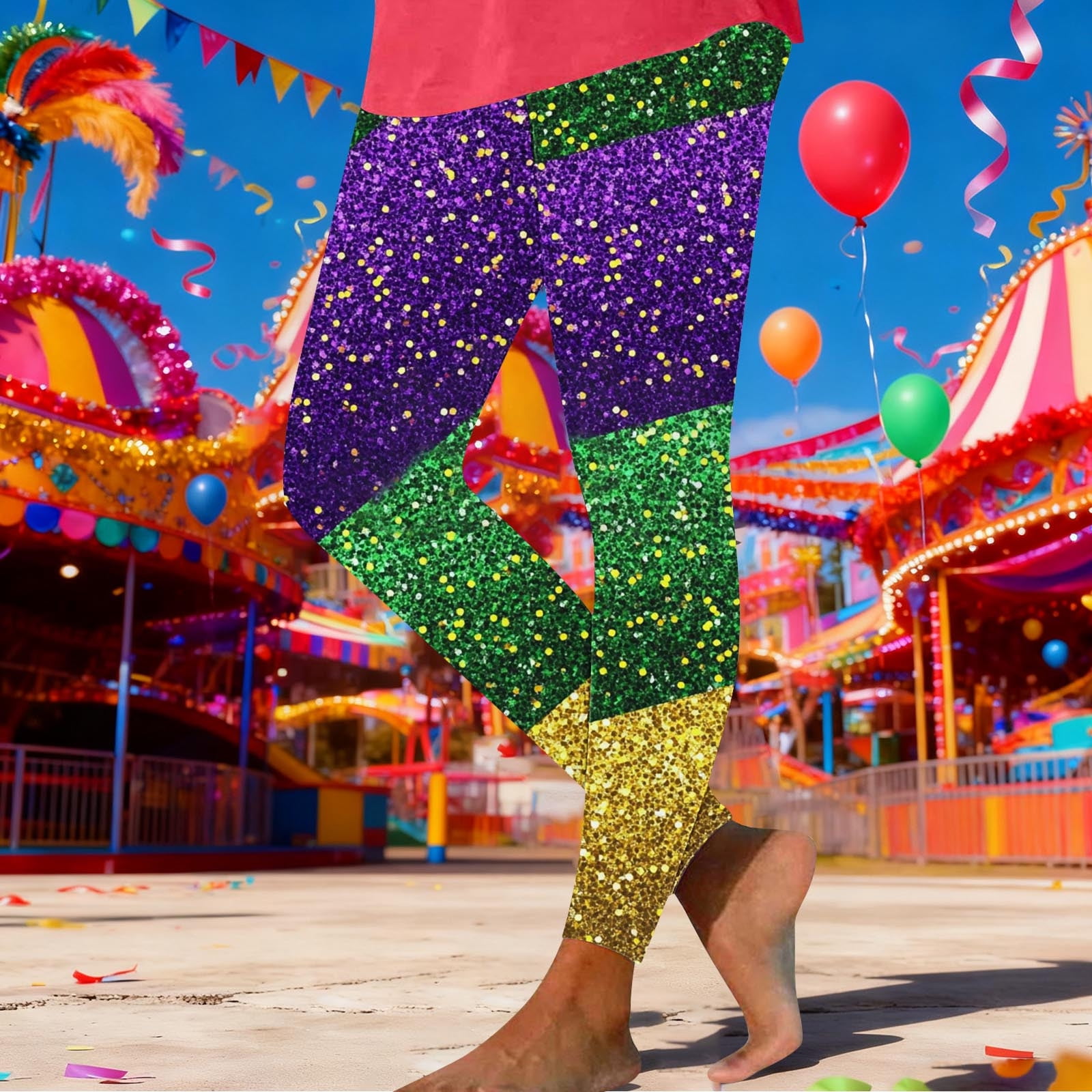 BVOFAR Womens Mardi Gras Leggings Shiny Graphic Carnival Season Tights ...